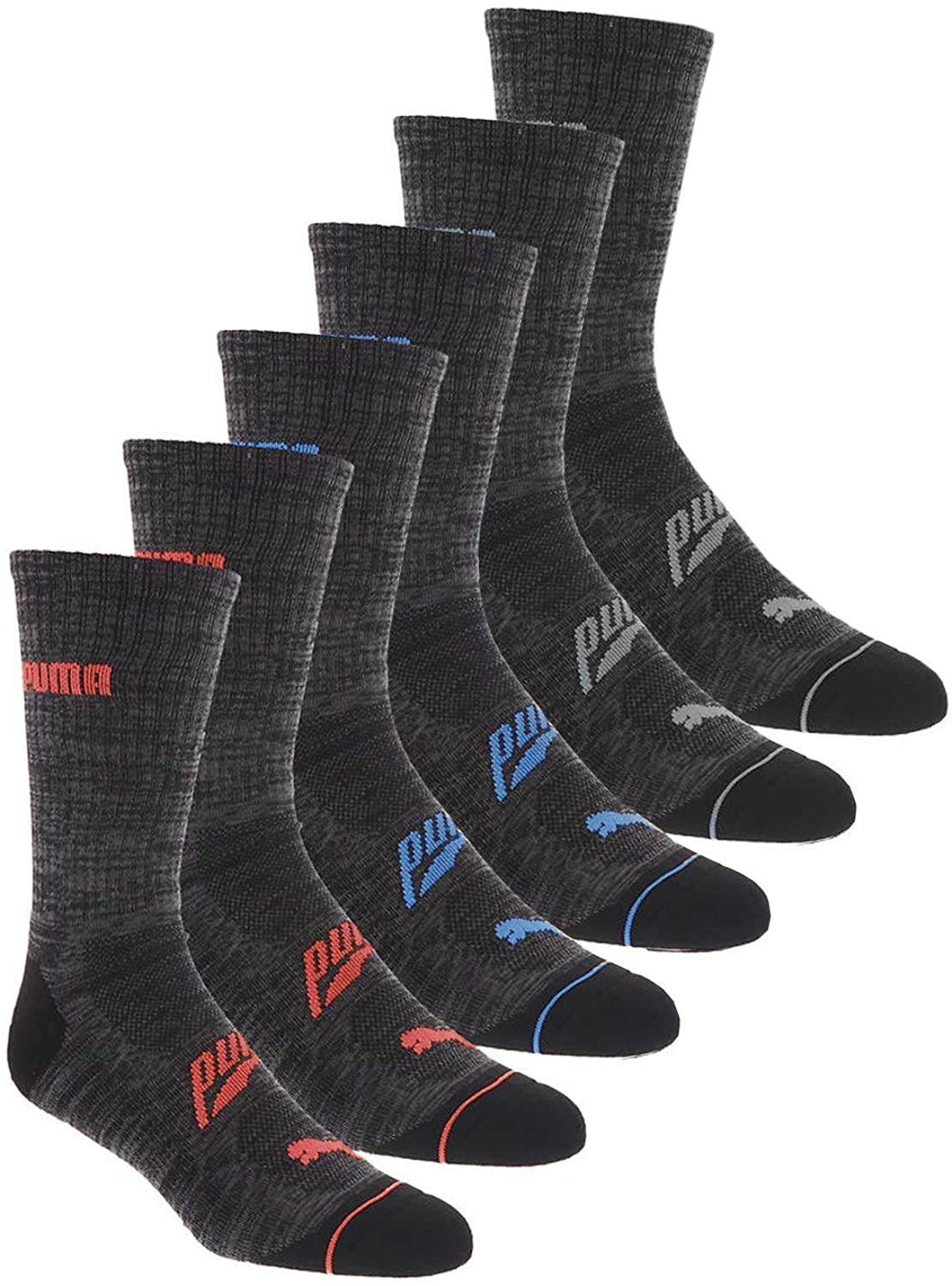 Puma Men's 6 Pack Sport Style Long Crew Socks (Black/Blue/Red/Grey, 10-13)