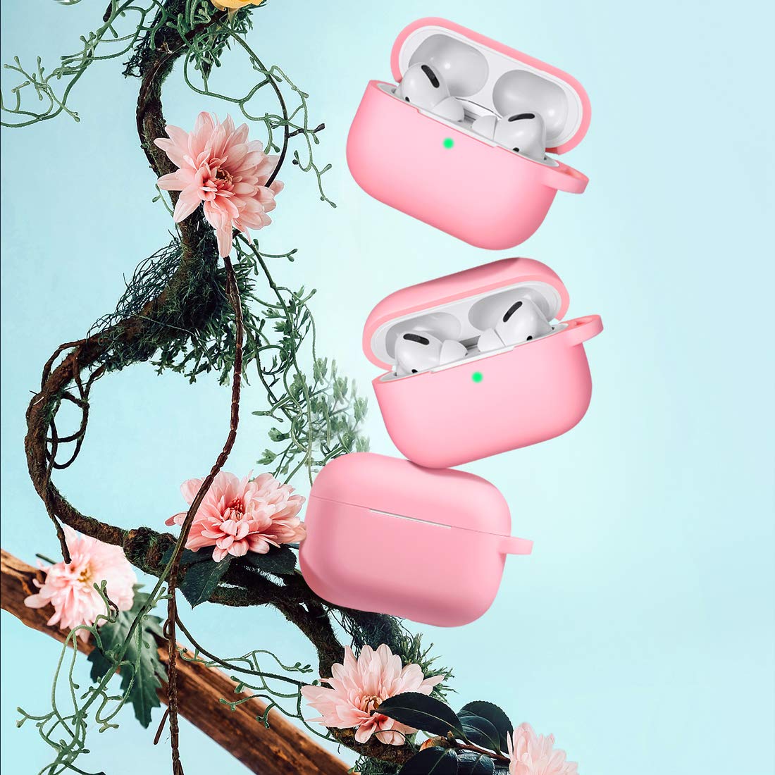 R-fun AirPods Pro Case Cover with Keychain, Full Protective Silicone Skin Accessories for Women Girl with Apple 2019 Latest AirPods Pro Case, Front LED Visible-Pink