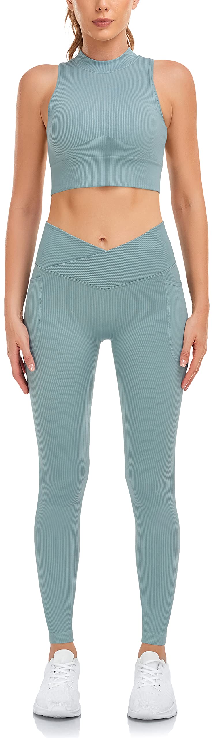 Women's Yoga Workout 2 Piece Seamless Sets with Ribbed Design, High Neck or One Shoulder Strap Top