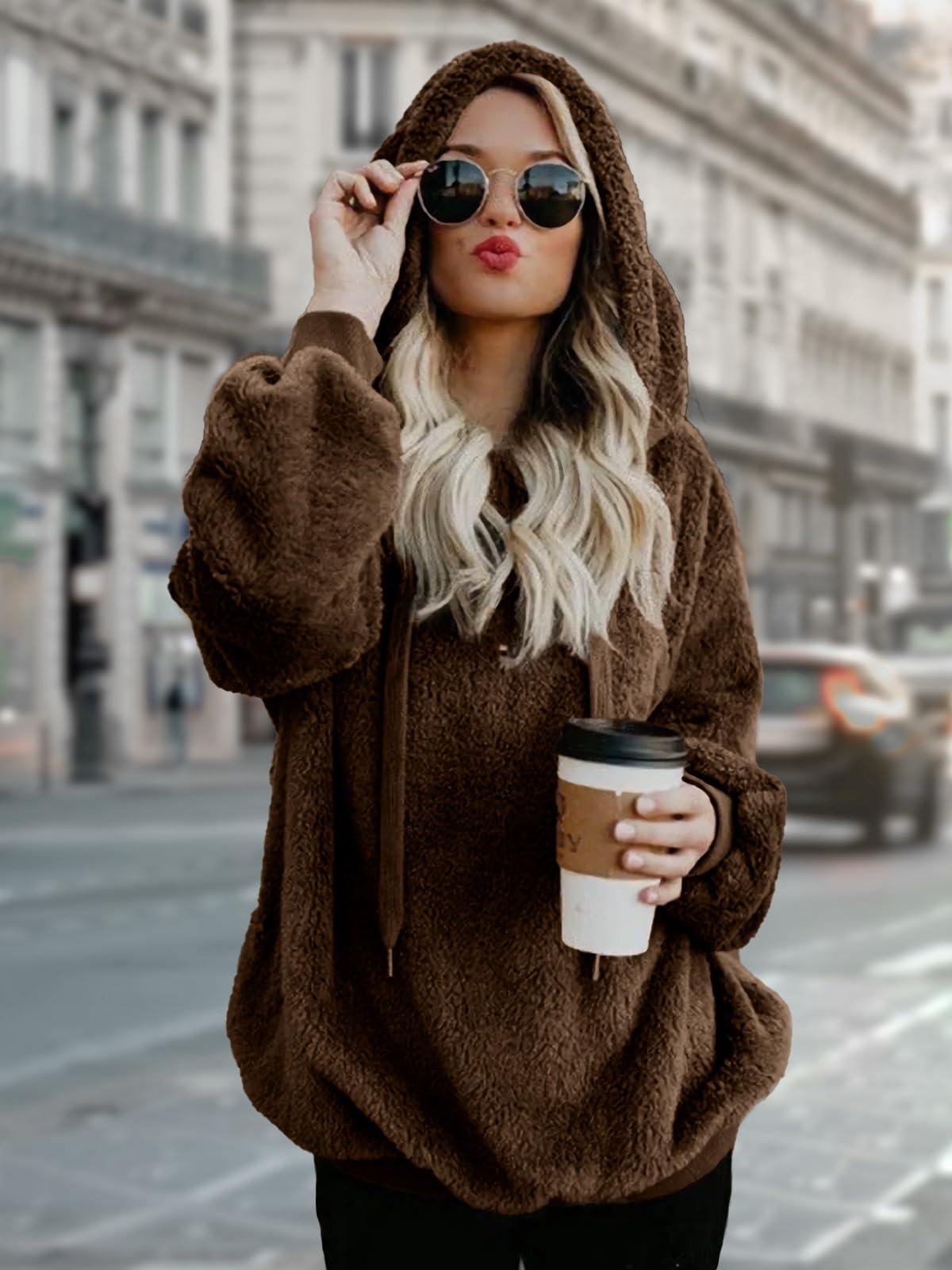 NIeyook Womens Fuzzy Sherpa Lined Hoodie Warm Fleece Hooded Oversized Sweatshirt with Pockets Zip up Fluffy Pullover Hoodies Brown