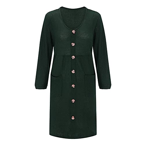 Waffle Swing Dress for Women Deep V Neck Long Sleeve Ruched Dress Solid Color Button Pockets Loose Dress