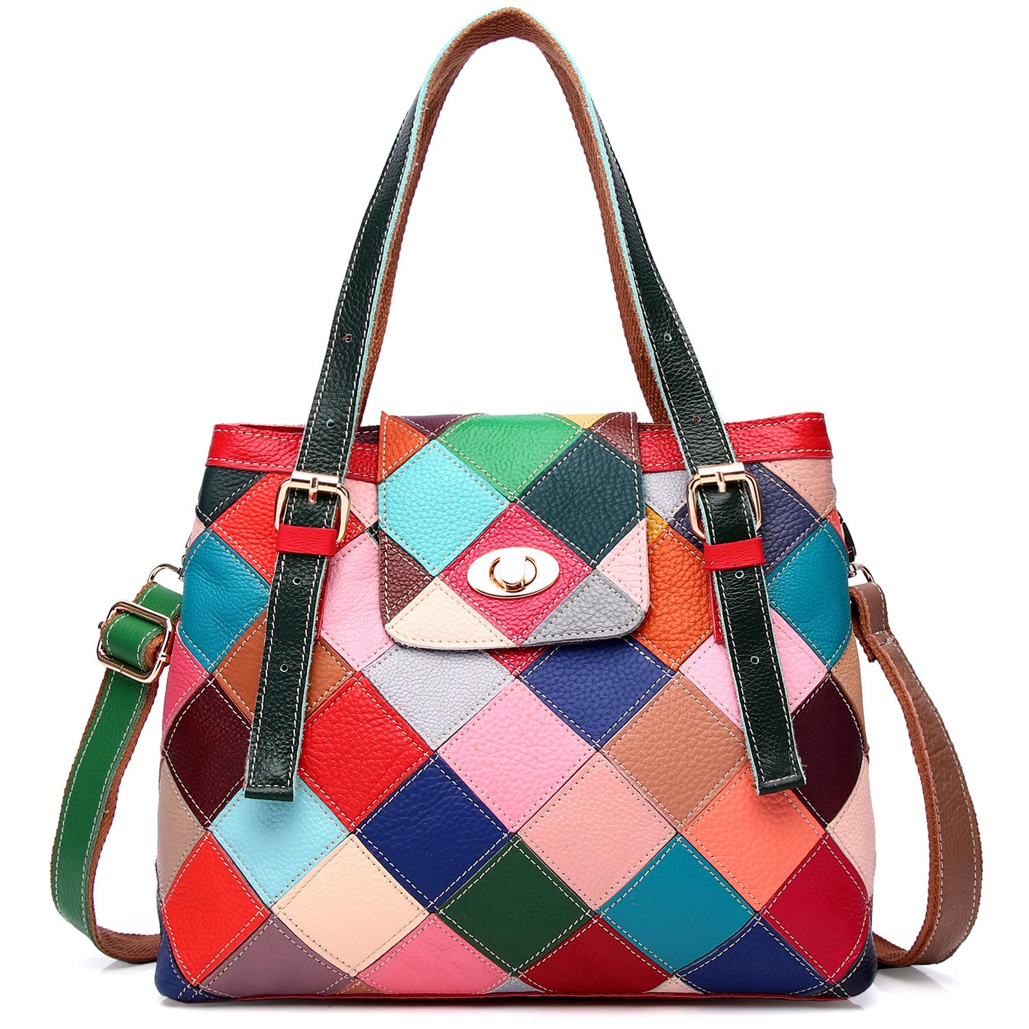 Segater® Women Multicolor Tote Bag Genuine Leather Colorful Square Stitching Handbag Purse Ladies Bohemian Design Handbag Vintage Patchwork Crossbody Bags