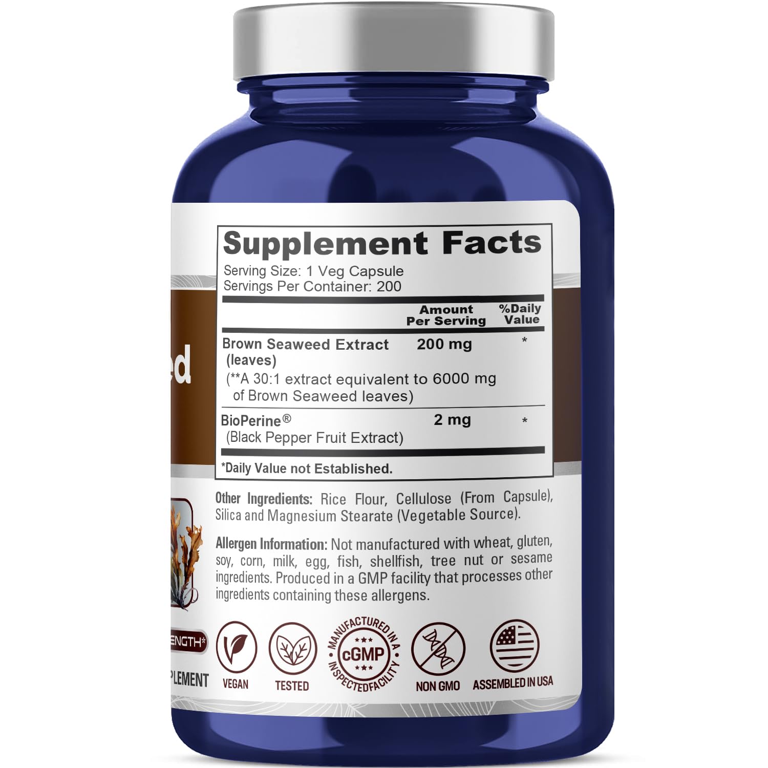 NusaPure Brown Seaweed Extract 6,000 mg - 200 Veggie Capsules - Fucoxanthin (Vegan, Bioperine, Non-GMO, Vegan)
