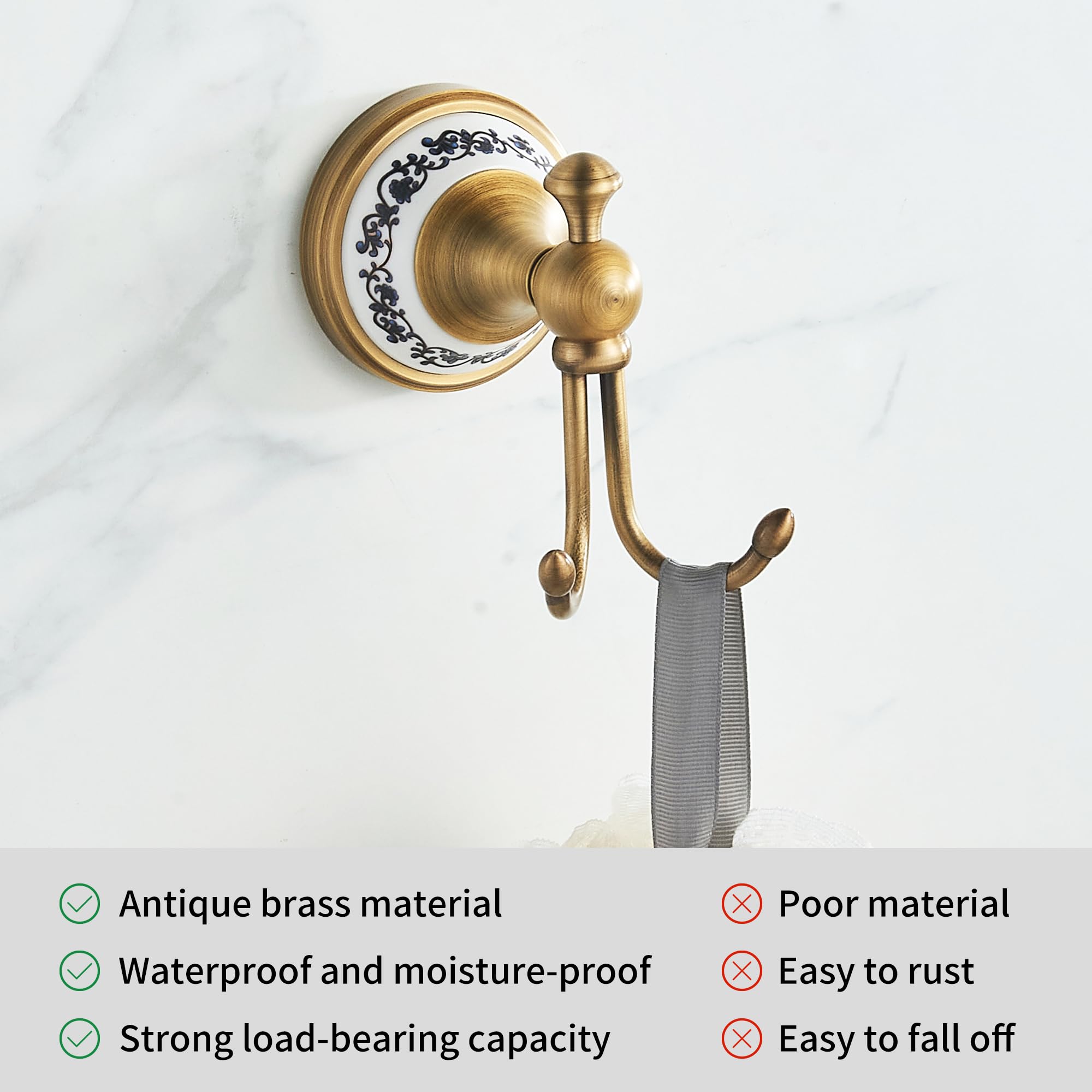 PEONYBATH Antique Bronze Brass Bath Towel Hooks, Wall Mounted Bathroom Hardware Accessories,Porcelain Design