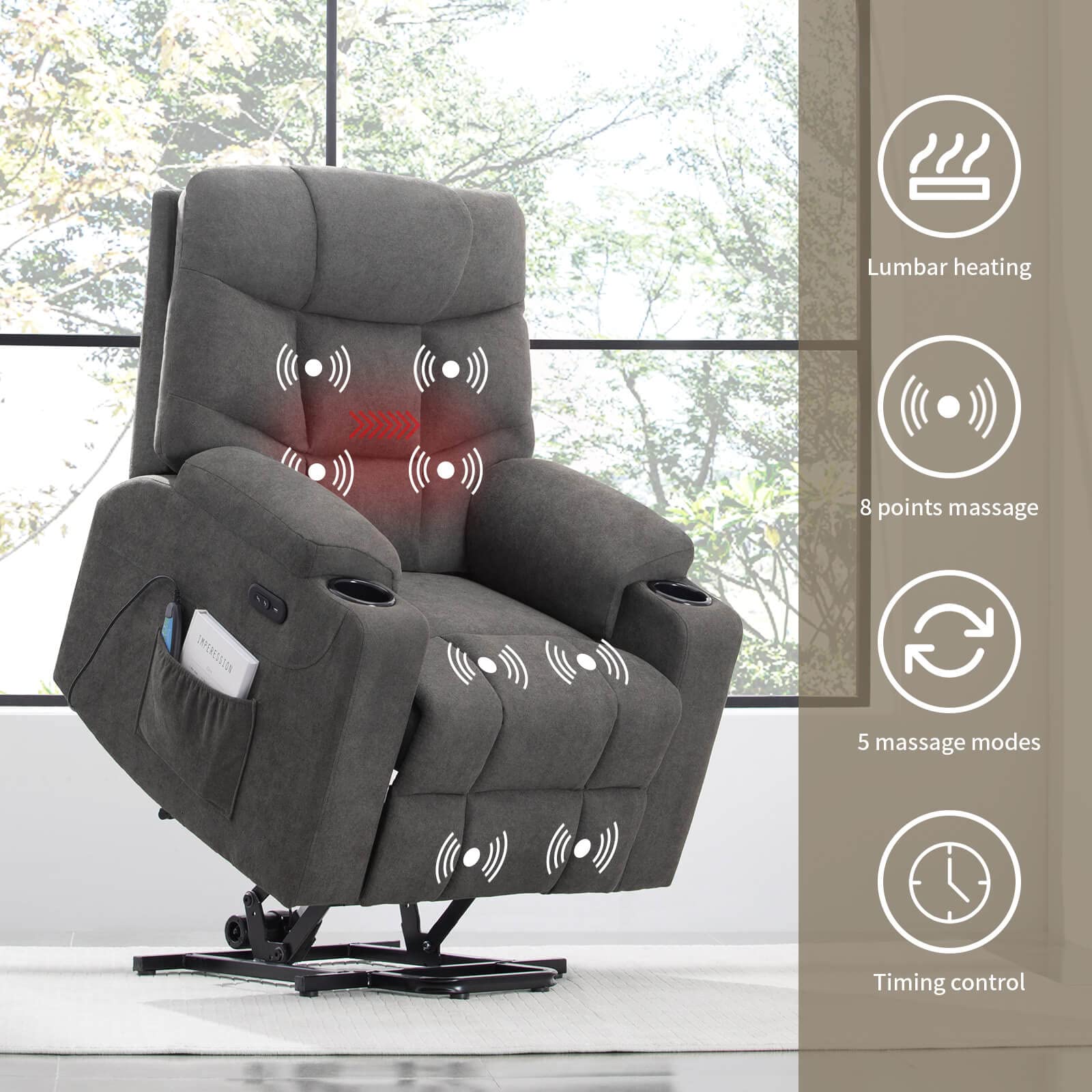 Patiowel Power Lift Recliner Chair Sofa for Elderly Heated Vibration Massage,Electric Fabric Recliner with Cup Holders, Side Pocket, Remote Control, USB Charge Port (Gray)