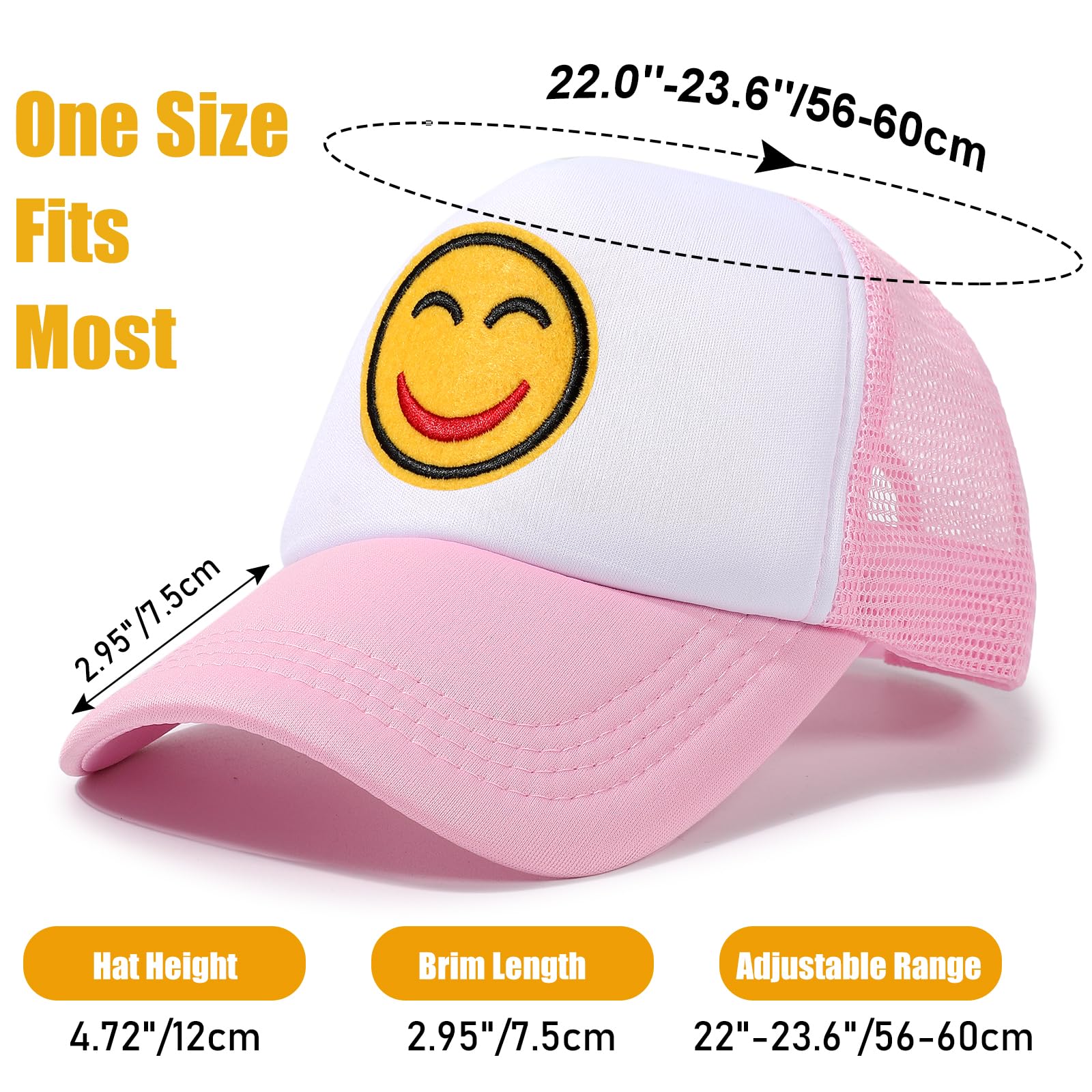 Smile Face Trucker Hat Women Snap Backs Caps for Men Adjustable Yellow Glitter Mesh Baseball Ha