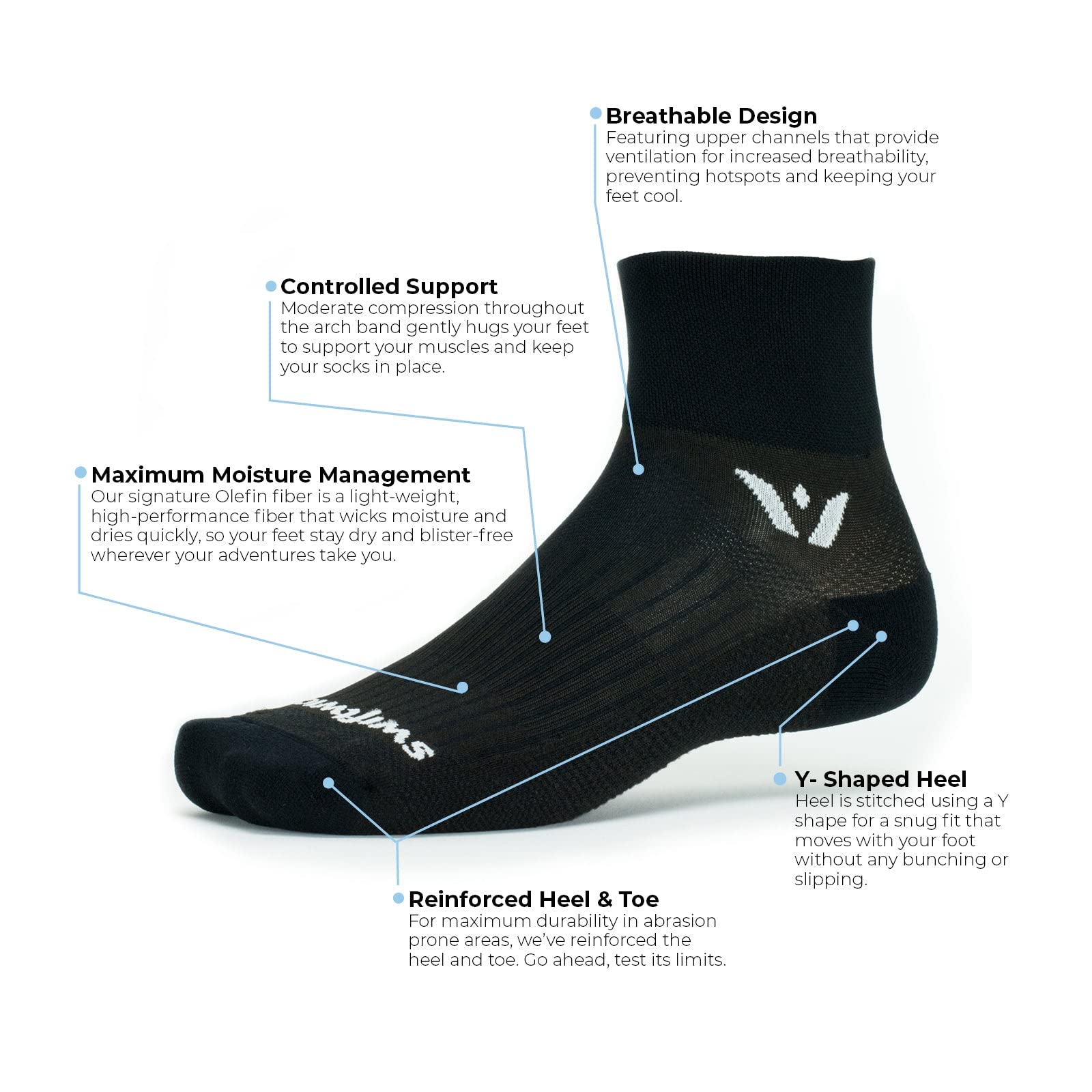 Swiftwick- PERFORMANCE TWO (3 Pairs) Running & Cycling Socks, Cushion Crew Socks (Black, Large)