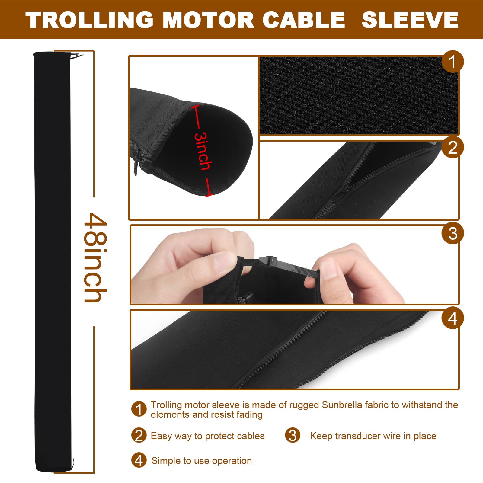 Zippered Rigging Sleeve 48-Inch Long Black,Trolling Motor Sleeve Management Sleeve Wrap,Trolling Motor Wires/Cable Organizer Sleeve Outboard Rigging Sleeve Sleeve for Cover Wire and Extension Cords