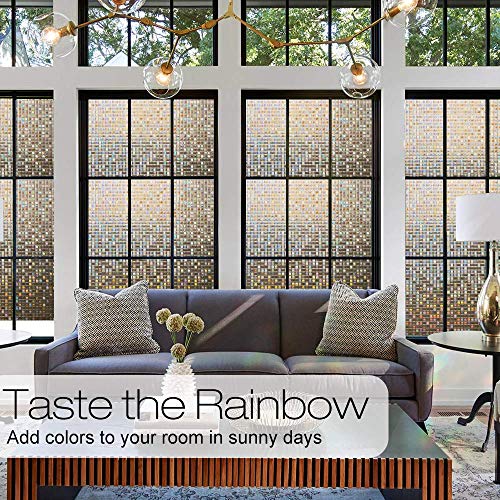 rabbitgoo Window Privacy Film Stained Glass Window Film Mosaic Static Cling Decorative Window Vinyl, Removable Rainbow Window Tint, Non-Adhesive UV Blocking for Home Office, Brown, 35.4 x 78.7 inches