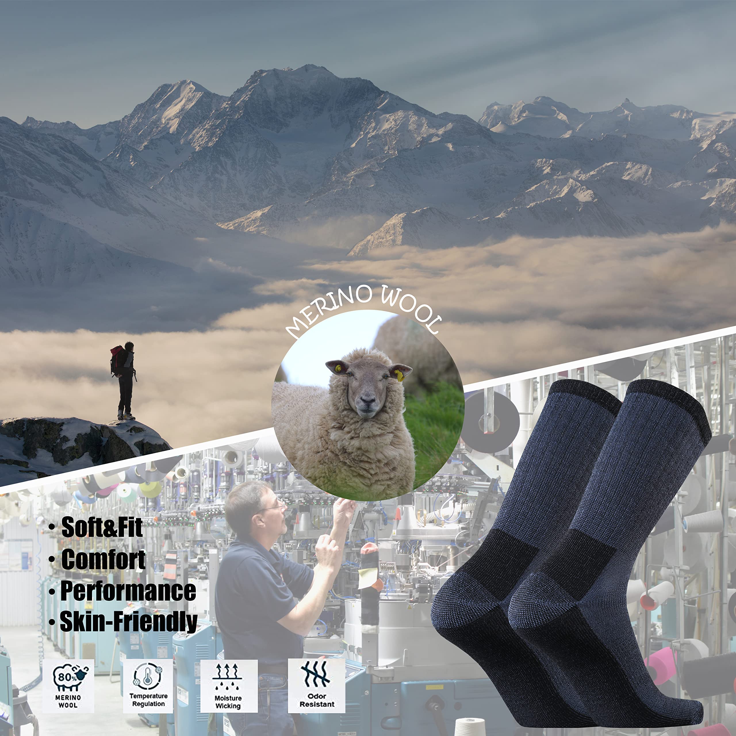 Ortis Merino Wool Moisture Wicking Outdoor Hiking Cushion Crew Socks for Men 4 Pack(Mixcolor XL), 13 - 15