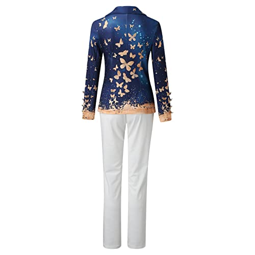 Womens 2PC Casual Fashion Printed Thin Jacket Slim Coat Long Sleeve Blazer Office Office Suits for Women Two Piece Set Blue