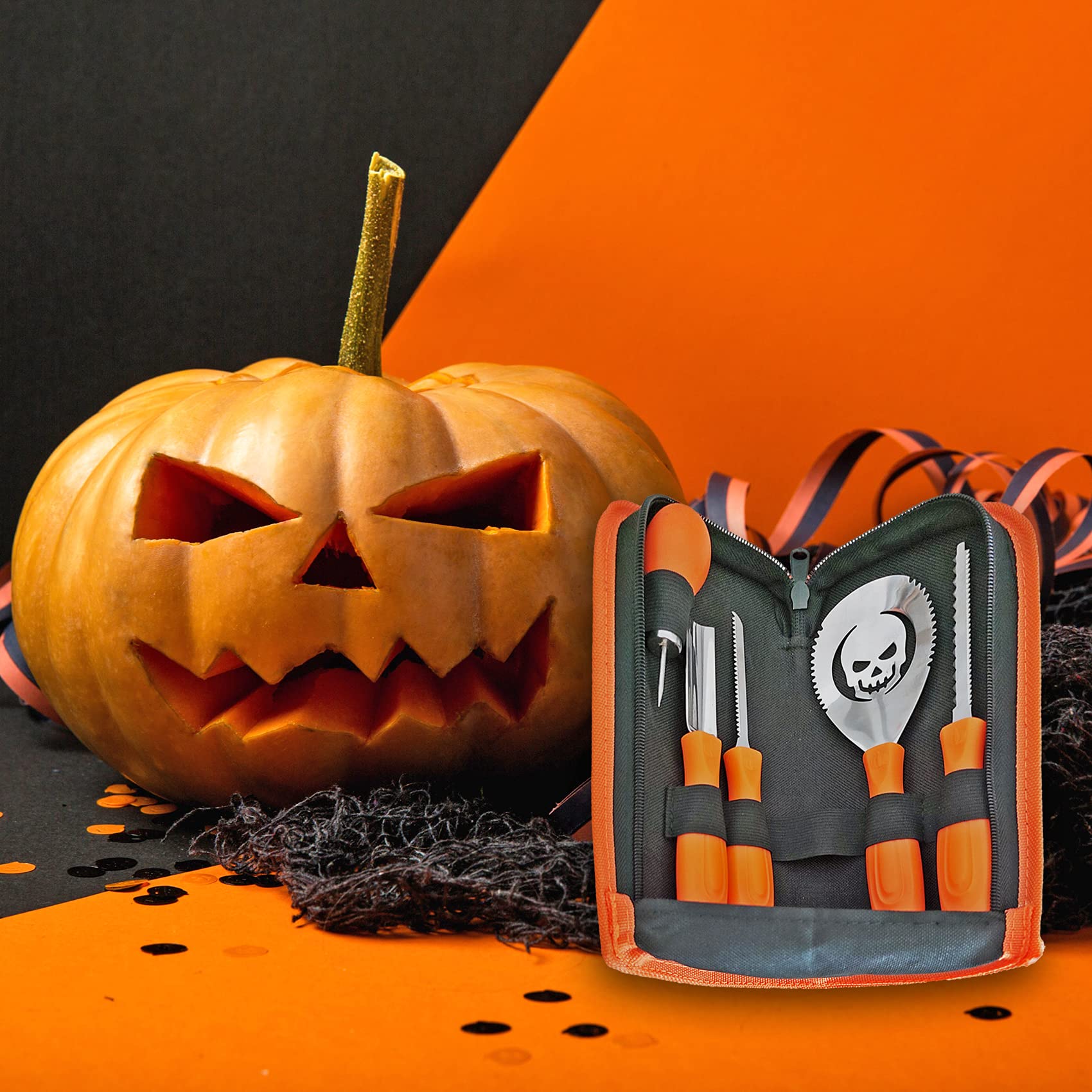 Vemake Pumpkin Carving Kit 5PCS - Professional Halloween Pumpkin Carving Set - Heavy Duty Stainless Steel Pumpkin Carving Knives Tool Set for Kids (Orange-S)