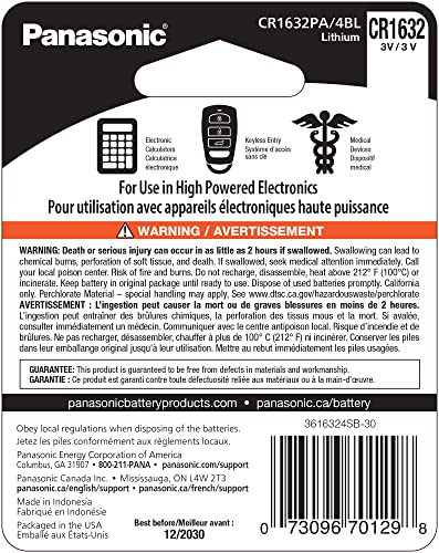 Panasonic CR1632 3.0 Volt Long Lasting Lithium Coin Cell Batteries in Child Resistant, Standards Based Packaging, 4-Battery Pack