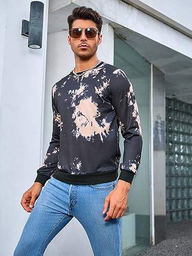 WDIRARA Men's Letter Graphic Print Round Neck Long Sleeve Sweatshirt Pullovers Black L Black Tie Dye Paris XL