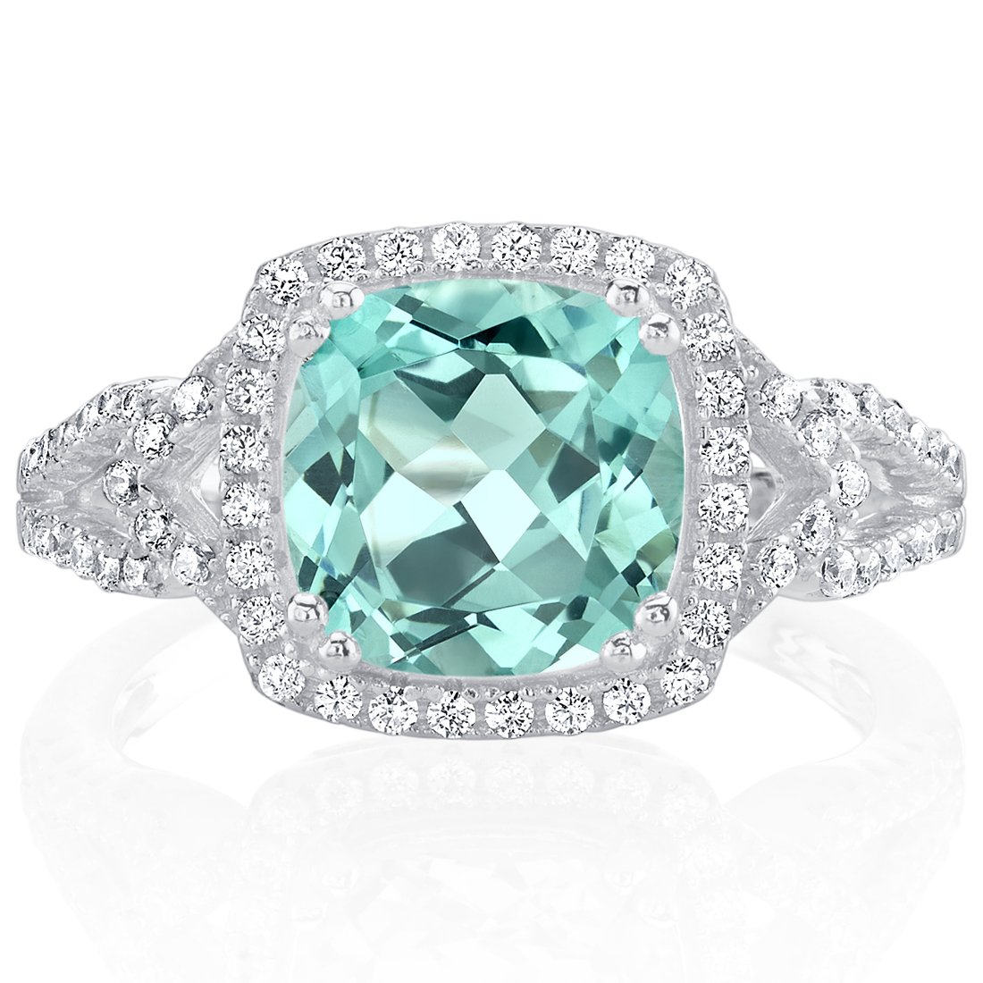 PEORA Simulated Paraiba Tourmaline Ring in Sterling Silver, 2 Carats total Cushion Cut, Enchanting Halo Design, Comfort Fit, Size 5