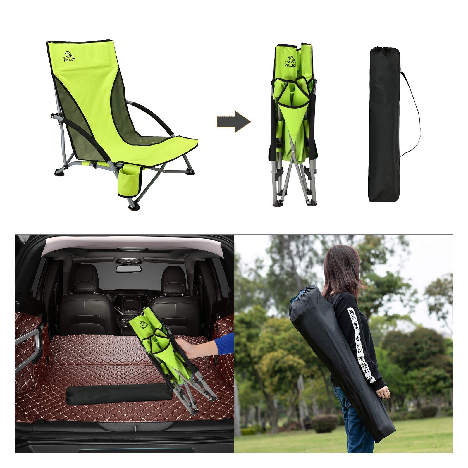 PELLIOT Ultralight and Compact Low Profile Outdoor Folding Camping Beach Chair with Cup Holder & Carry Bag (Green)