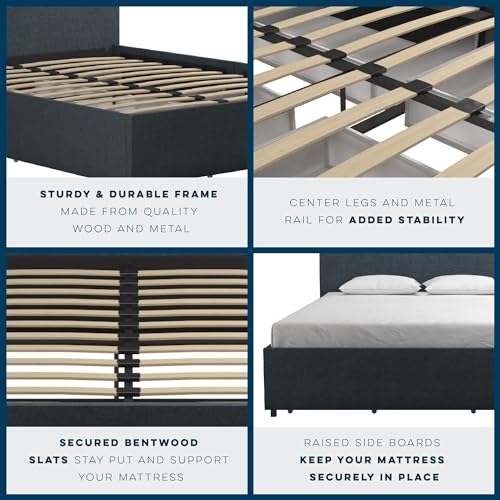Novogratz Kelly Upholstered Storage Bed Frame, Full, Navy Blue Linen