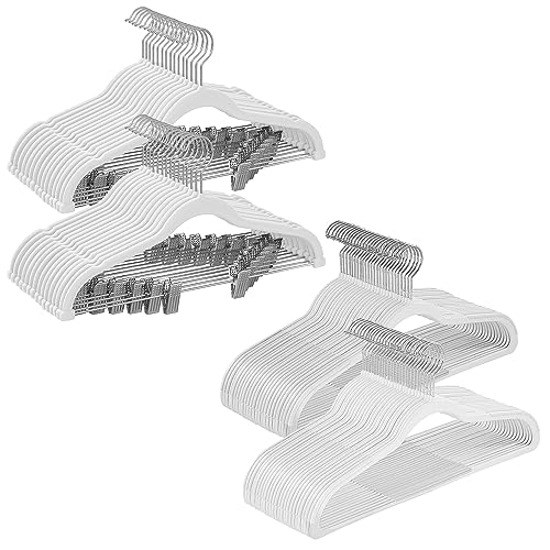 SONGMICS 50-Pack Coat Hangers and 30-Pack Pants Hangers Bundle, Velvet Hangers, Non-Slip Clothes Hangers, Velvet Hangers with Adjustable Clips, White and Light Pink UCRF029W05 and UCRF012W02