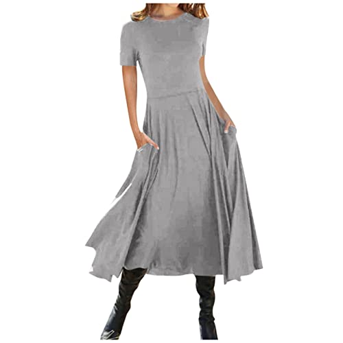 Womens Casual Short Sleeve Crew Neck Solid Color Swing Dress Boho Fold Dress with Pocket