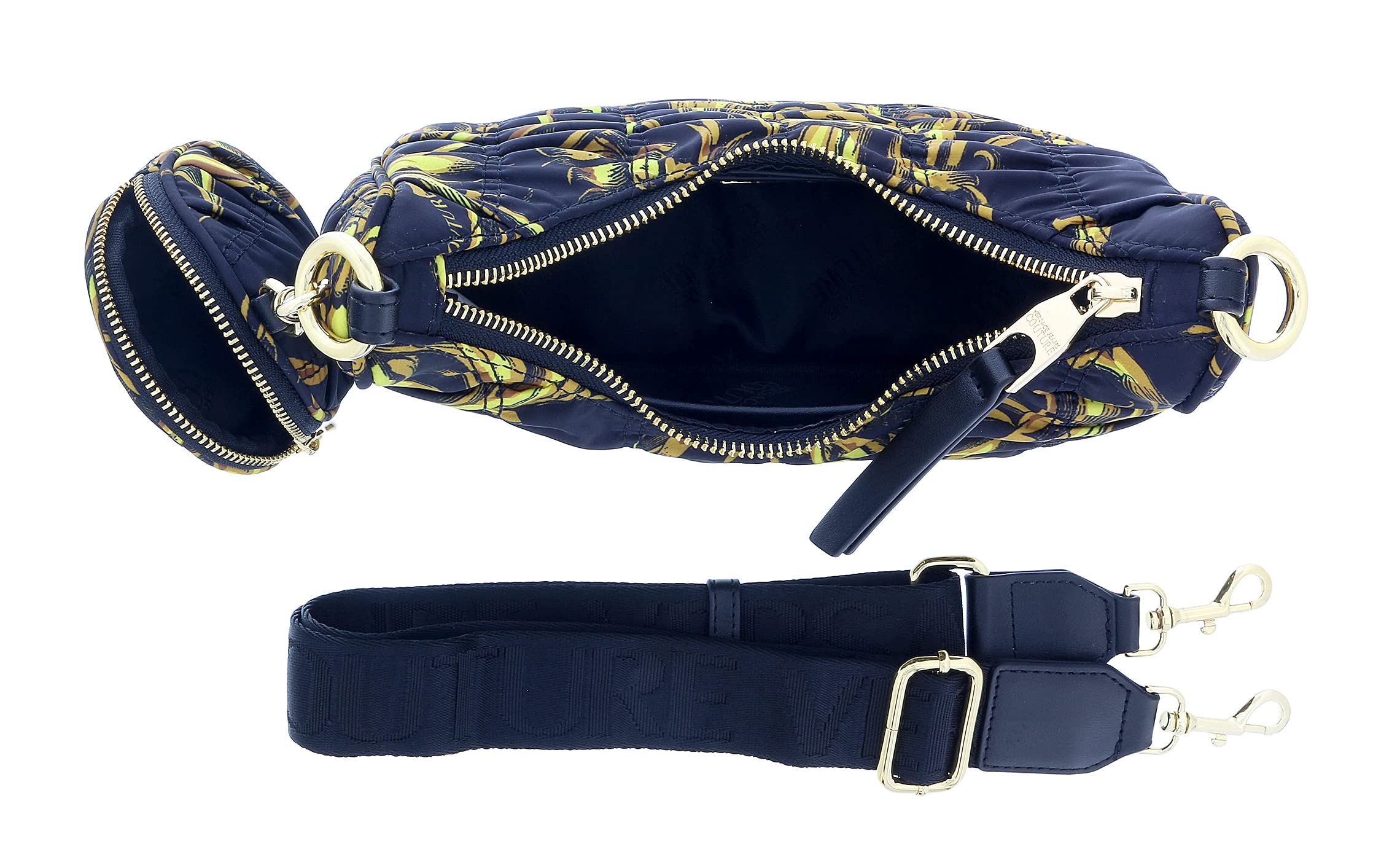 VERSACE JEANS COUTURE Black/Gold Medium Ruched Nylon Moon Shoulder Bag with Coin Purse for womens