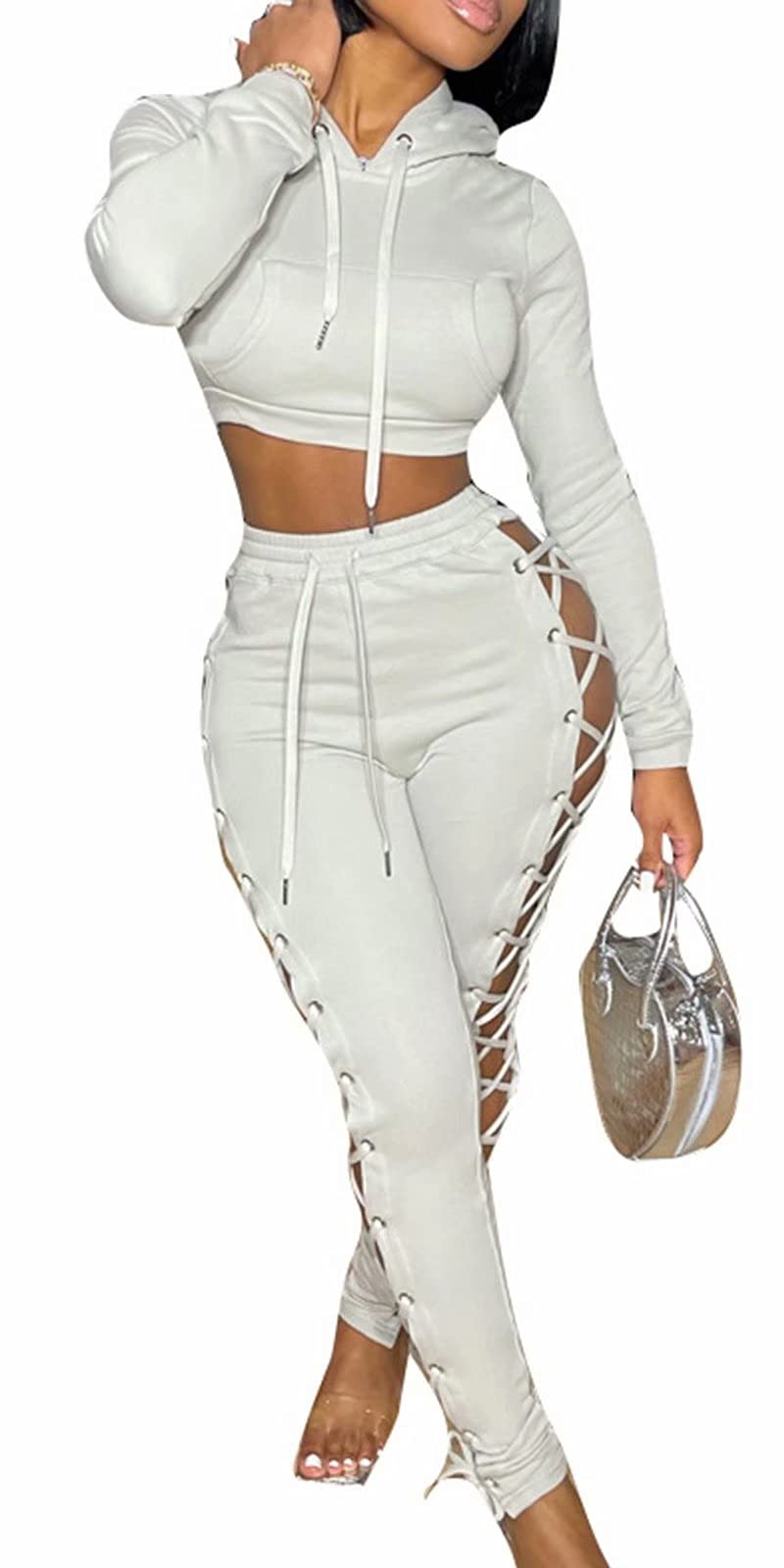 Track Suits for Women Lace Up Hoodie Crop Top and Bandage Long Pants Sets Two Piece Outfits Matching Jumpsuit Party Grey Small