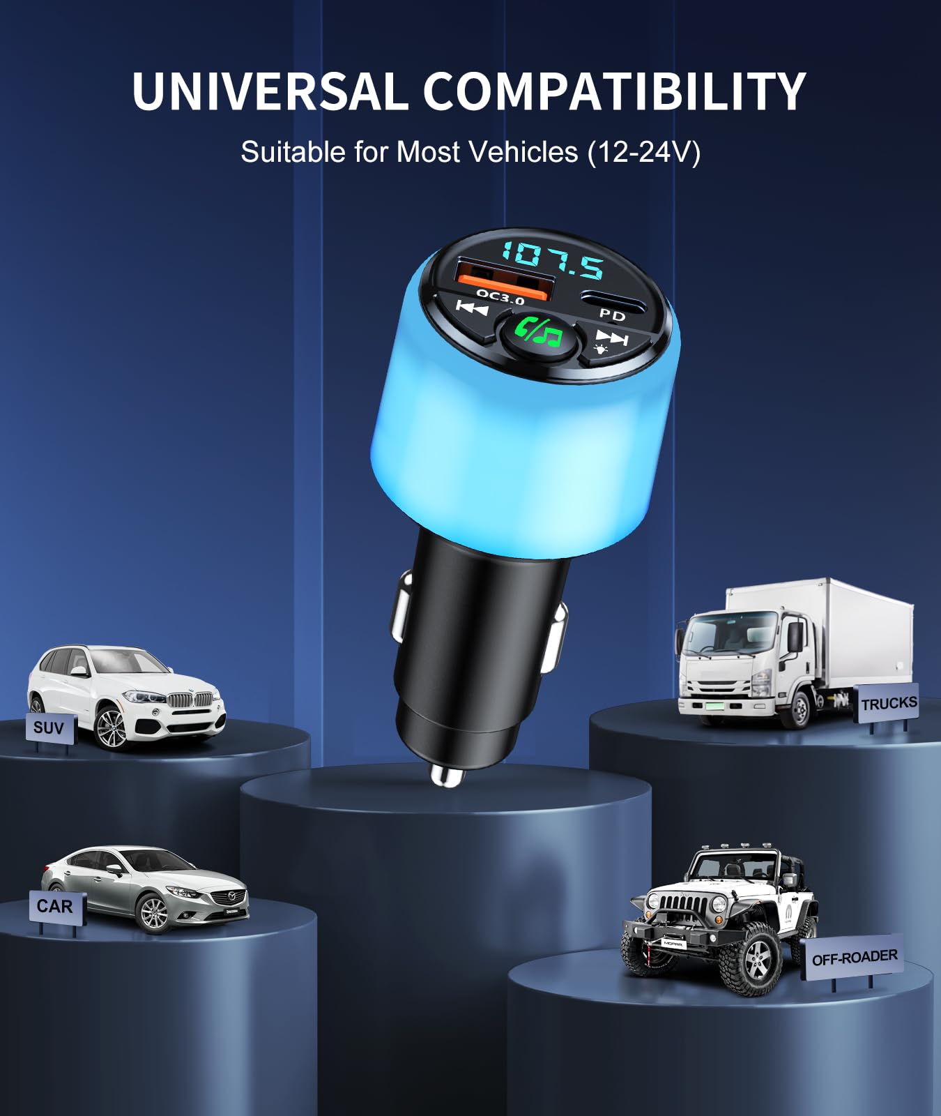 Otemly Bluetooth 5.3 FM Transmitter for Car [PD 30W & QC3.0 18W] Fast Charge, [All-Over Glow] Bluetooth Car Adapter Wireless FM Radio Transmitter Car Kit, Hands-Free Calls, Hi-Fi Music