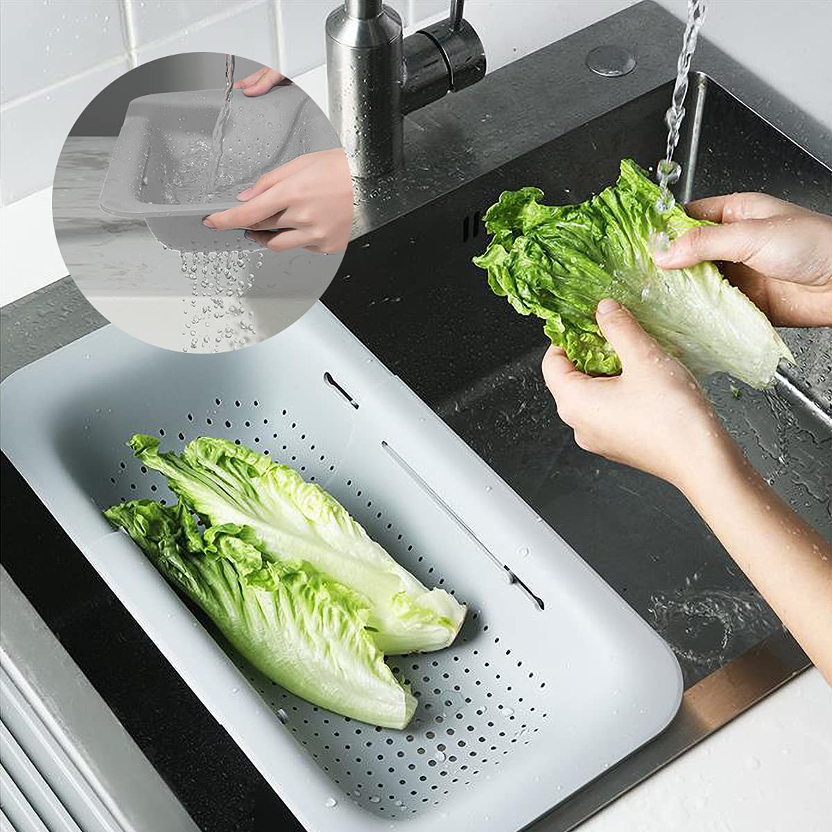 Sink Colanders and Strainers Basket, Kitchen Extendable Sink Strainer Basket, Over the Sink Colander Drain Wash Fruit Vegetable and Dry Dishes (Grey)