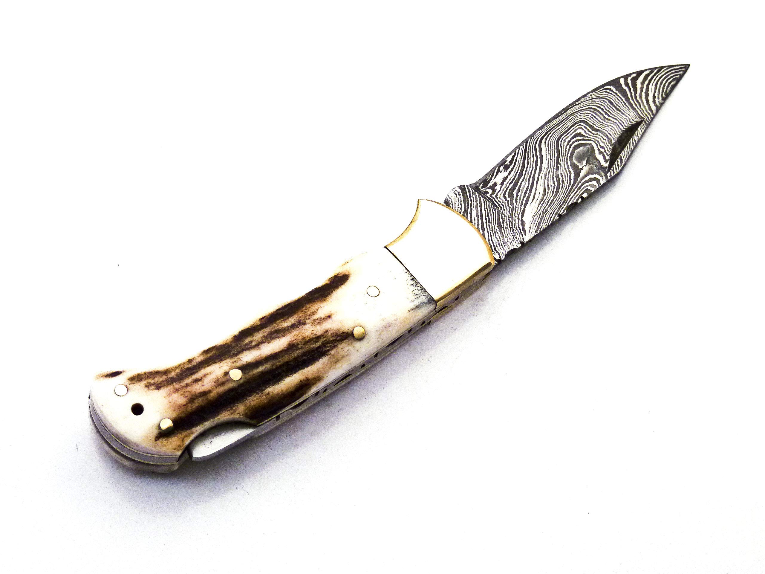 Skokie Knives Custom Hand Made Damascus Steel Hunting Pocket Folding Knife With Handle Stag Antler (S.F)