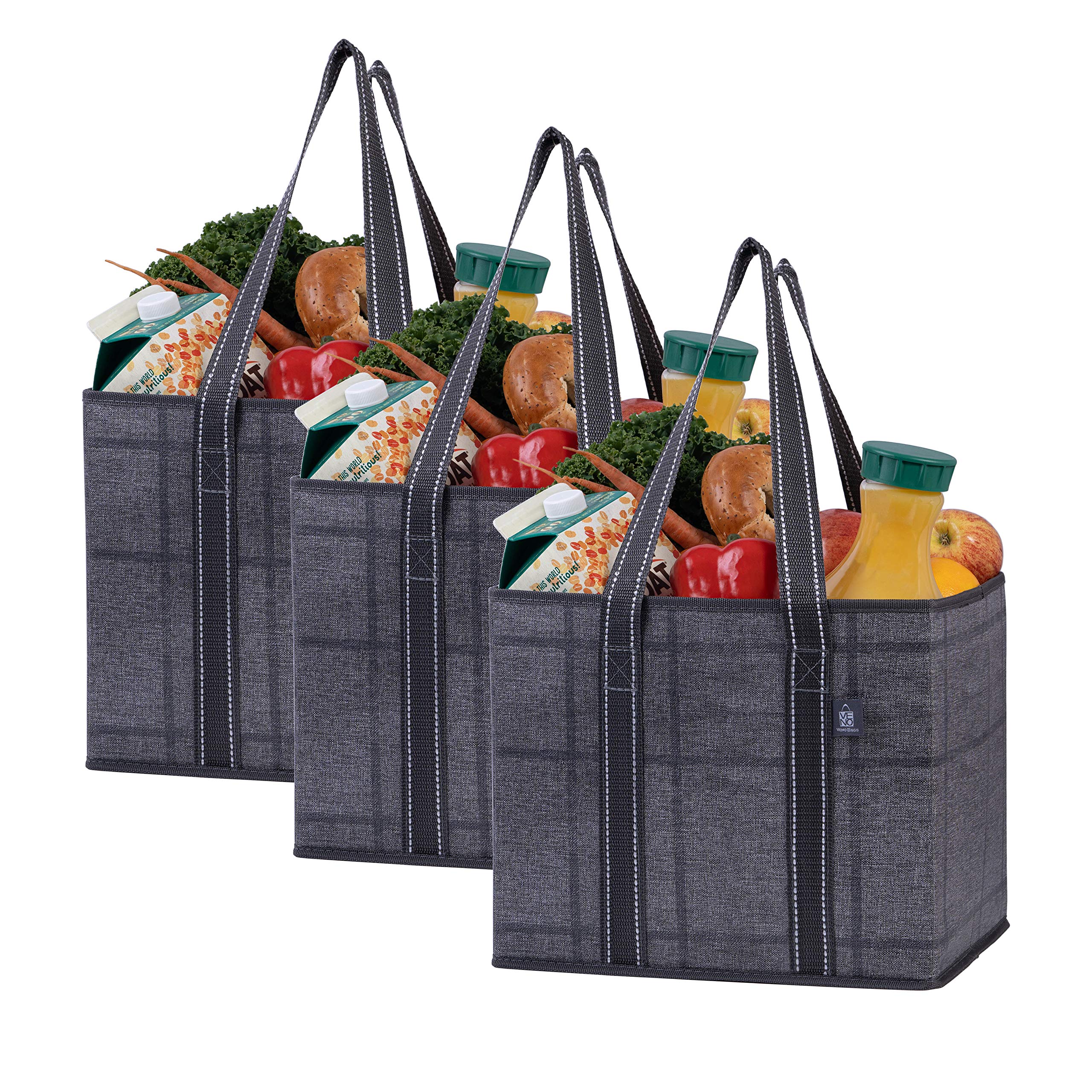 VENO 3 Pack Reusable Grocery Bags, Shopping Bags for groceries, Utility Tote with Handles and Hard Bottom, Foldable Shopping Cart Organizer, Multi-Purpose, Heavy-Duty (BLK Windowpane, 3 Pack)