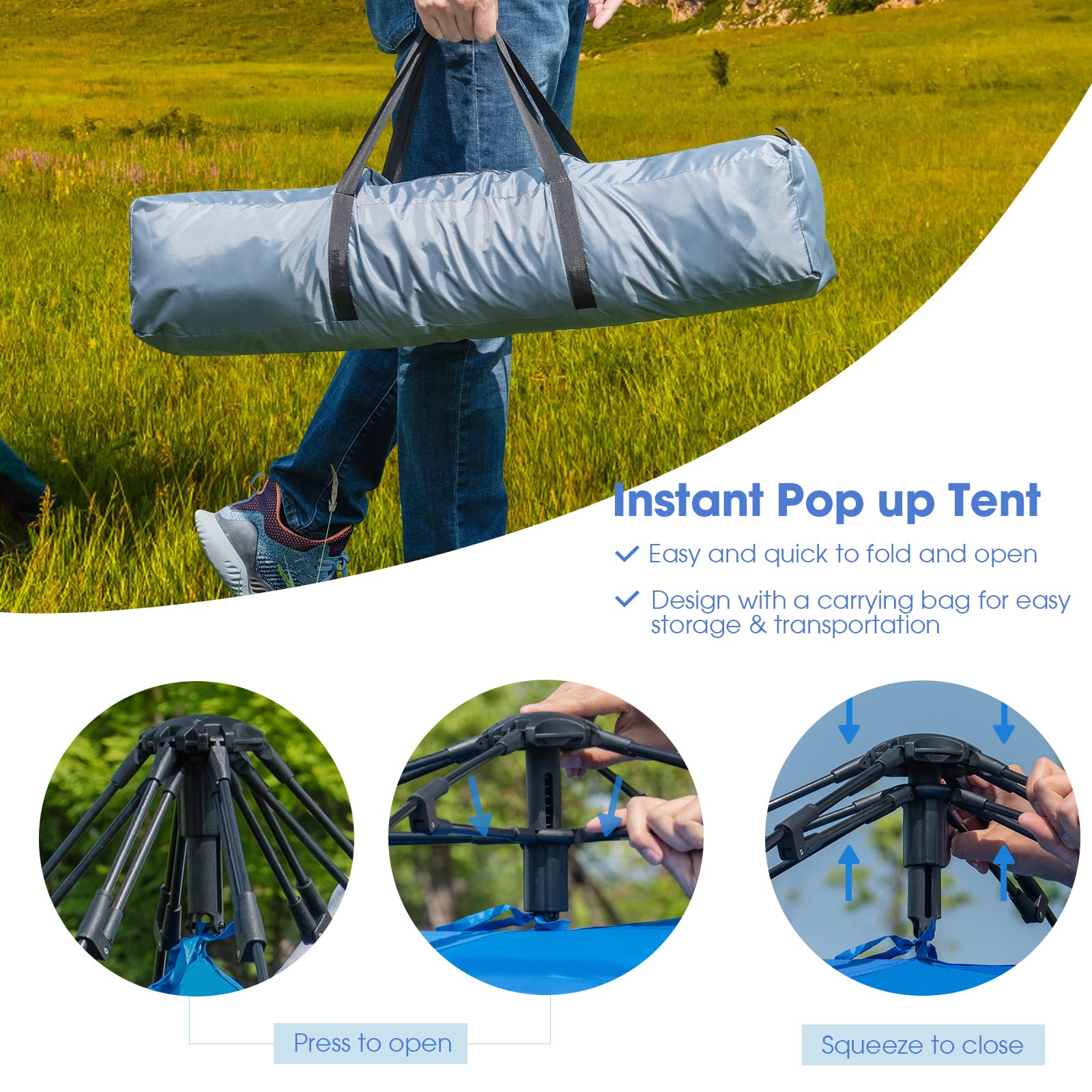 Tangkula 4 Person Pop up Camping Tent, 2-in-1 Portable Backpacking Tent with Removable Rainfly, Carry Bag, 2 Mesh Windows, 2 Doors, Family Dome Tent for Camping Hiking Mountaineering