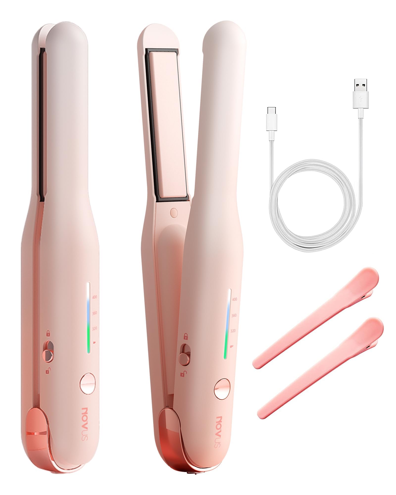 NOVUS Cordless Hair Straightener, for Fine Soft Hair/Short Hair, Portable Ceramic Hair Straightener and Curler 2 in 1, USB Rechargeable Cordless Flat Iron, Mini Size Straightener for Travel