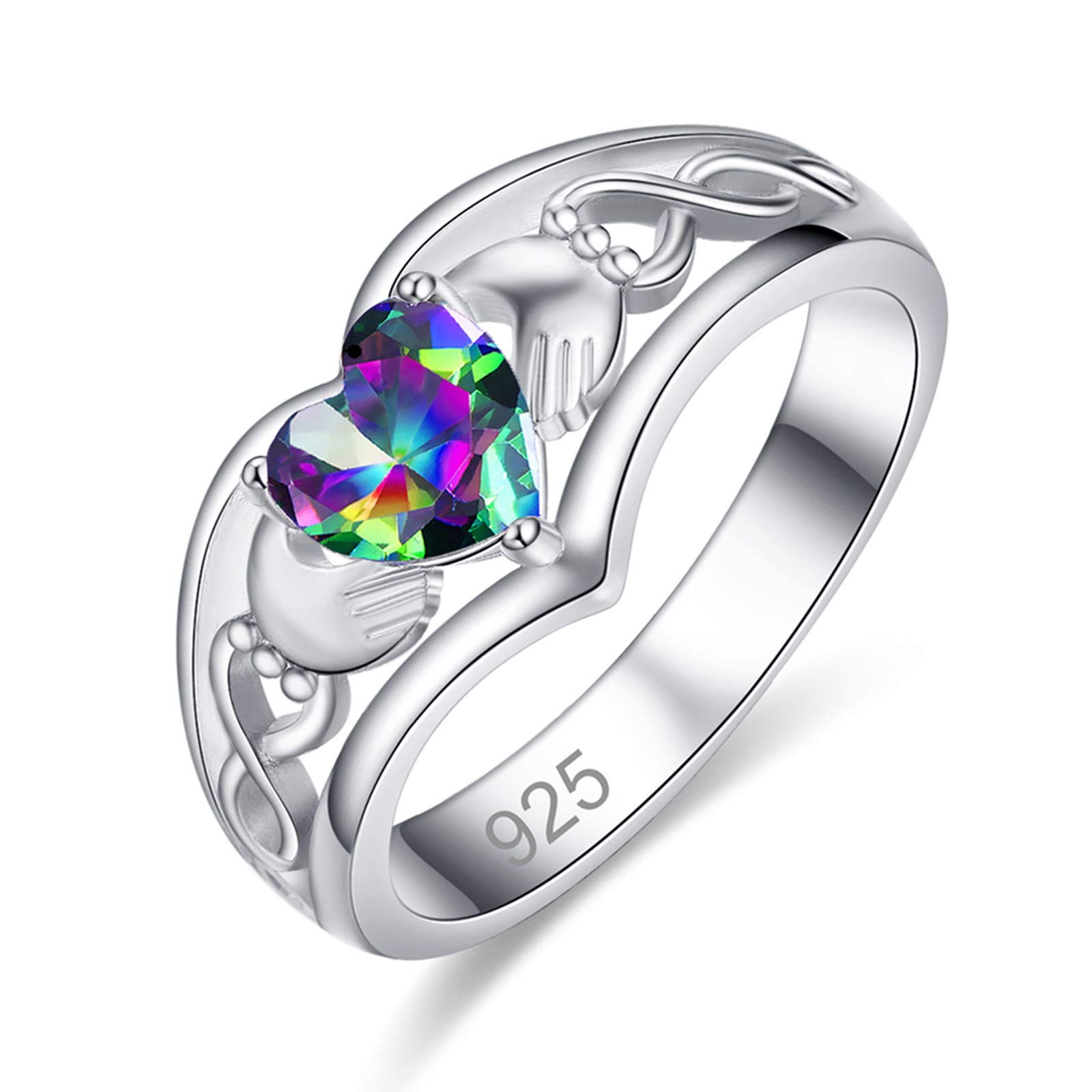 Psiroy 925 Sterling Silver Plated Created Rainbow Topaz Filled Claddagh Rings for Women Size 8