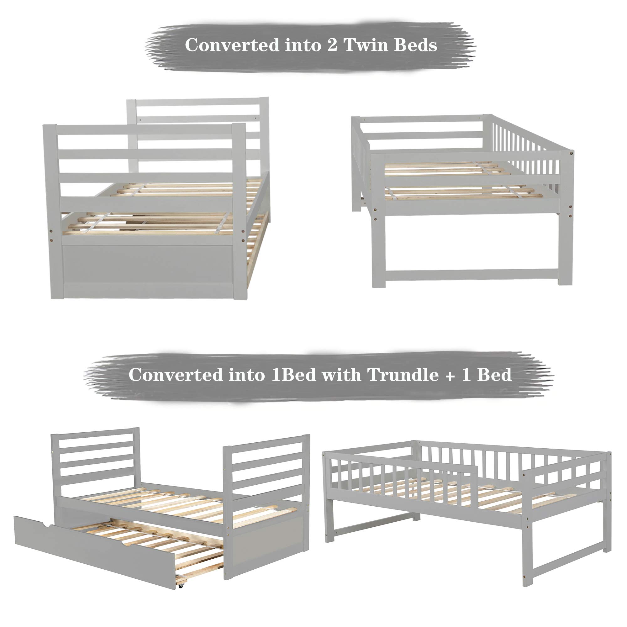 Morhome Twin Over Twin Bunk Bed with Trundle, 3 in 1 Triple Bunk Beds with Side Ladders and Safety Guard Rail for for Kids Adults Teens
