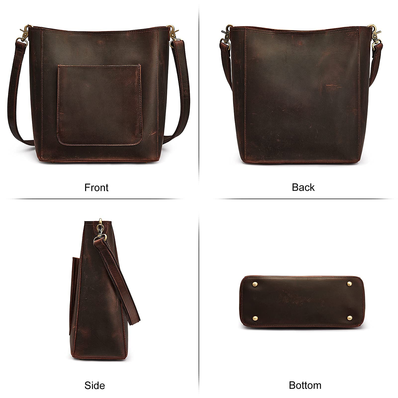 S-ZONE Women Vintage Genuine Leather Bucket Tote Bag Hobo Handbag Distressed Shoulder Purse