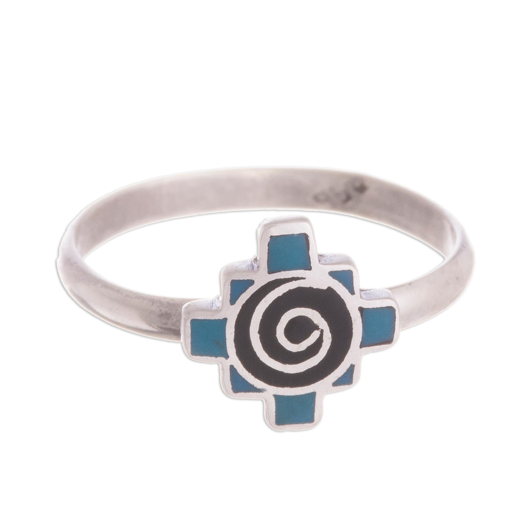 NOVICA Artisan Handmade 950 Silver Onyx Chrysocolla Cocktail Ring Chakana from Peru Fine Cultural Cross Gemstone Birthstone 'Chakana Swirl'