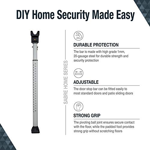 SABRE Adjustable Door Security Bar with Vibration Detecting Alarm, 115dB Alarm Audible Up To 1,100 Ft (335 m), Adjusts To Fit Most Hinged & Sliding Doors, Rubberized Foot for Strong Grip, Collapsible