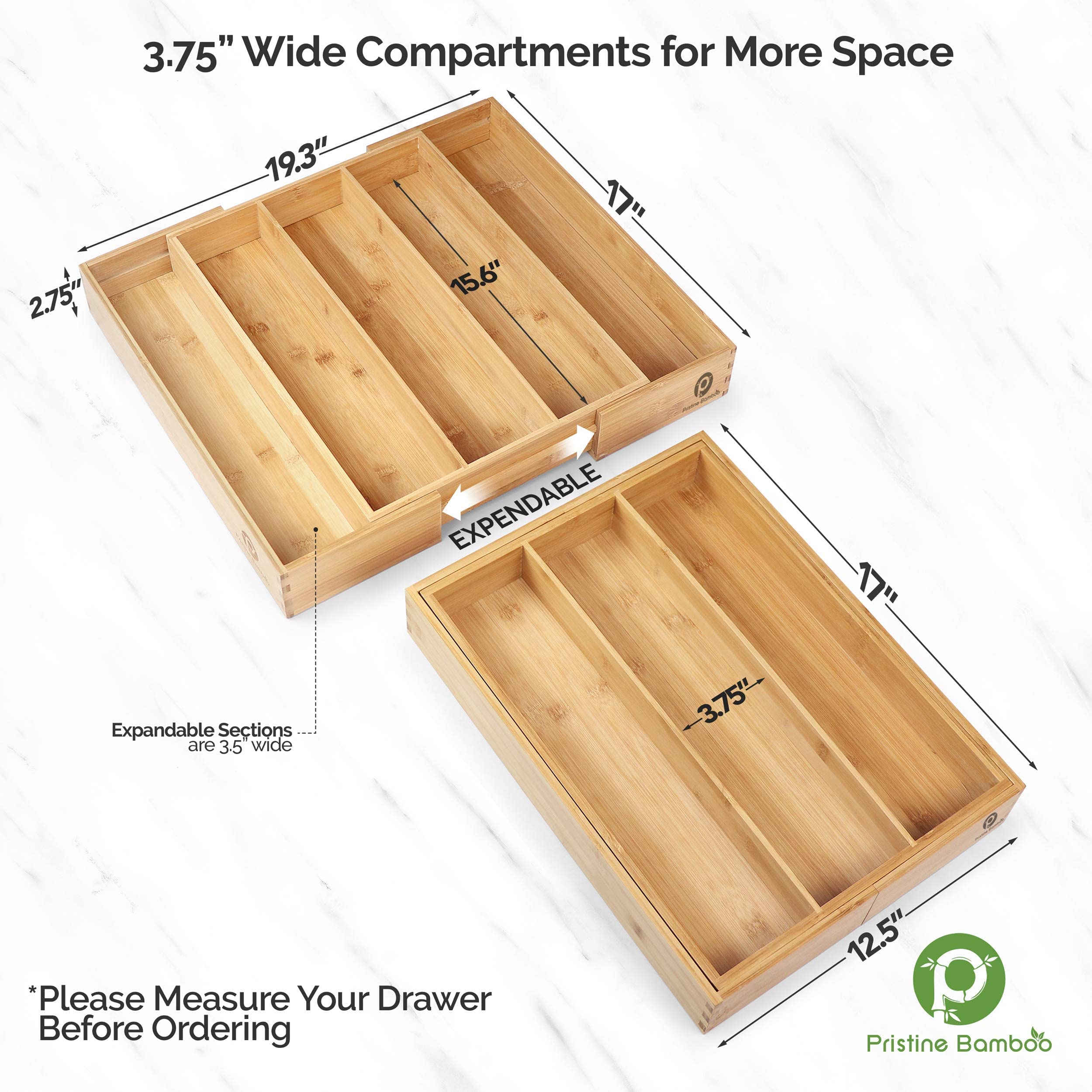 Pristine Bamboo Silverware Organizer– Utensil Organizer for Kitchen Drawers – Extra-Deep Wooden Kitchen Drawer Organizer (10 Slots, 5 Slots) Expandable and Fixed Organizers