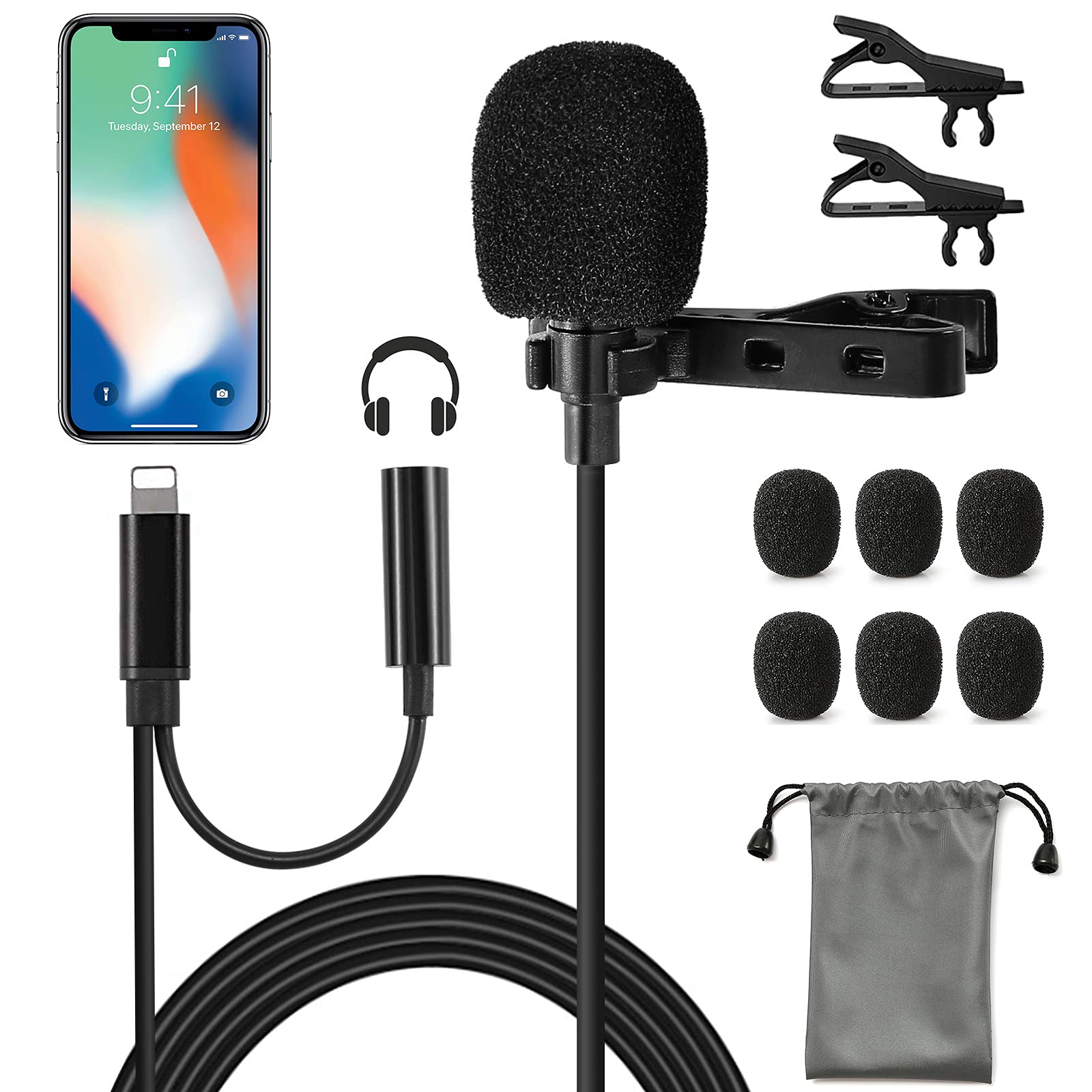 Sinlaku Lavalier Lapel Microphone Compatible with iPhone,Professional Omnidirectional Mini Clip on MIC with Earphone Jack,for YouTube,Video Recording,Compatible with iPhone X/XR/XS/11/8/7/iPad