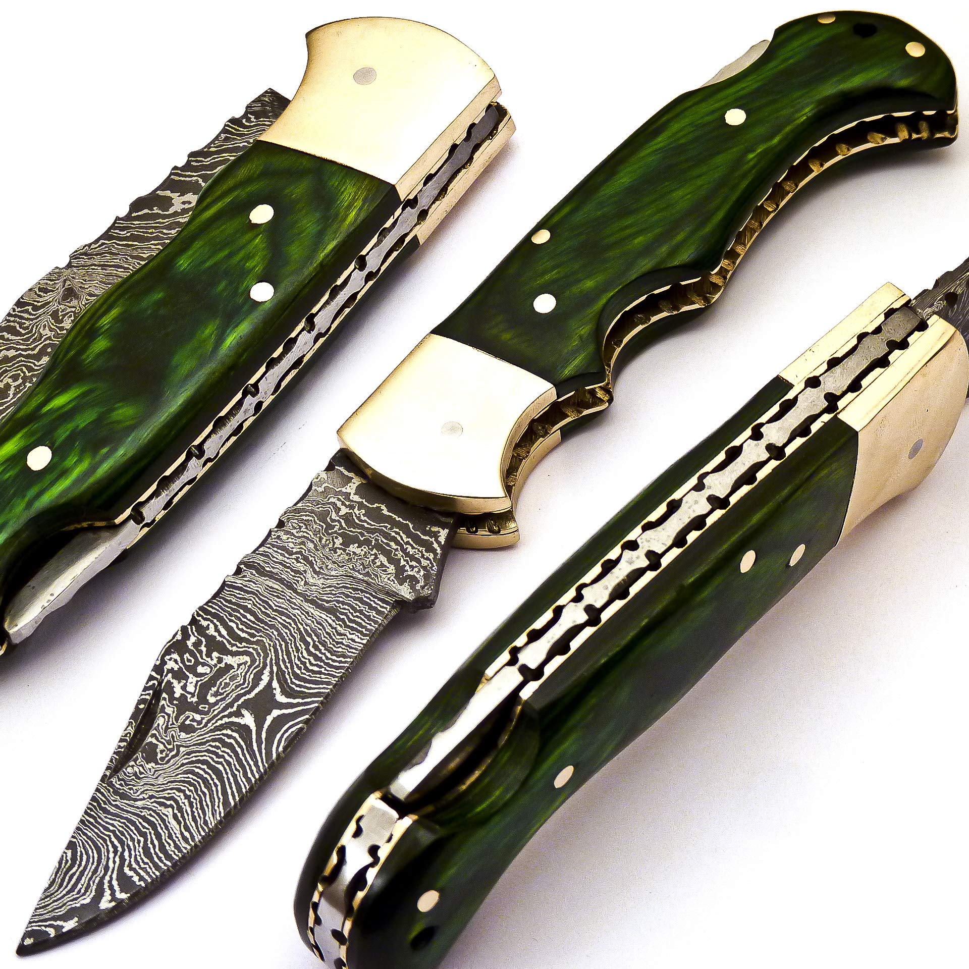 SkokieKnives Custom Hand Made Damascus Steel Hunting Folding Pocket Knife Handle Green Pakka Wood G