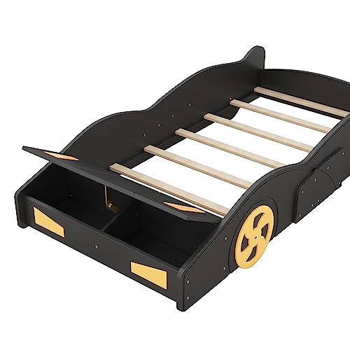 Morhome Twin Size Race, Car-Shaped Platform Wheels and Storage, Bed for Kids, Girls, Boys, Black+Yellow