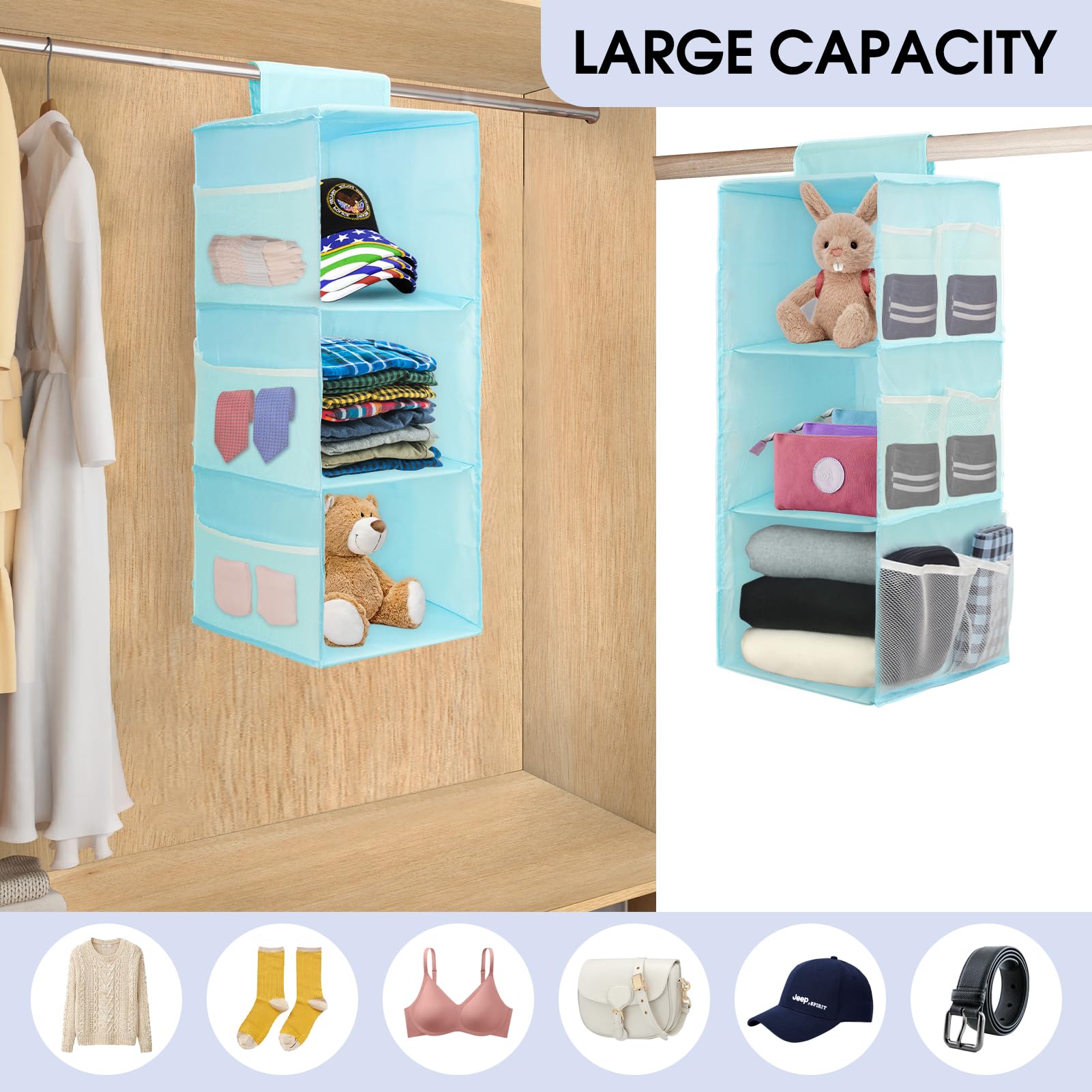 PetsHome Hanging Handbag Organizer 6 Larger Pockets Hanging Purse Organizer for Closet, Dust-Proof Purse Bag Storage Holder with Metal Hooks-White
