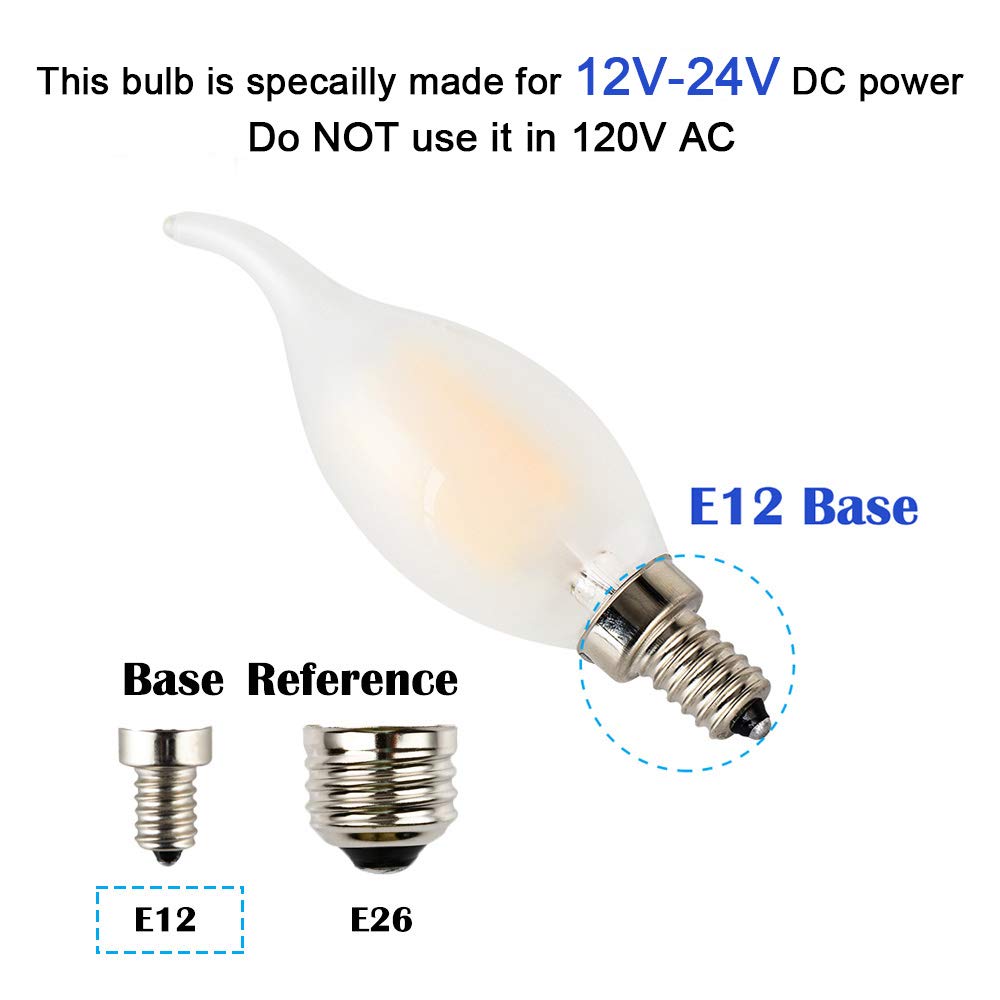 OPALRAY Low Voltage DC 12V 2W LED Candelabra Bulb, Dimmable with 12Volt DC Dimmer, 2700K Warm White Light, E12 Small Base, 25W Incandescent Replacement, Solar System 12V Battery Power, 5-Pack