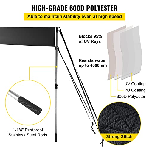 VEVOR T-Top Sun Shade Kit 6' x 5', UV-Proof 600D Polyester T-top Extension Kit with Rustproof Steel Telescopic Poles, Waterproof T-Top Shade Kit, Easy to Assemble for T-Tops & Bimini Top