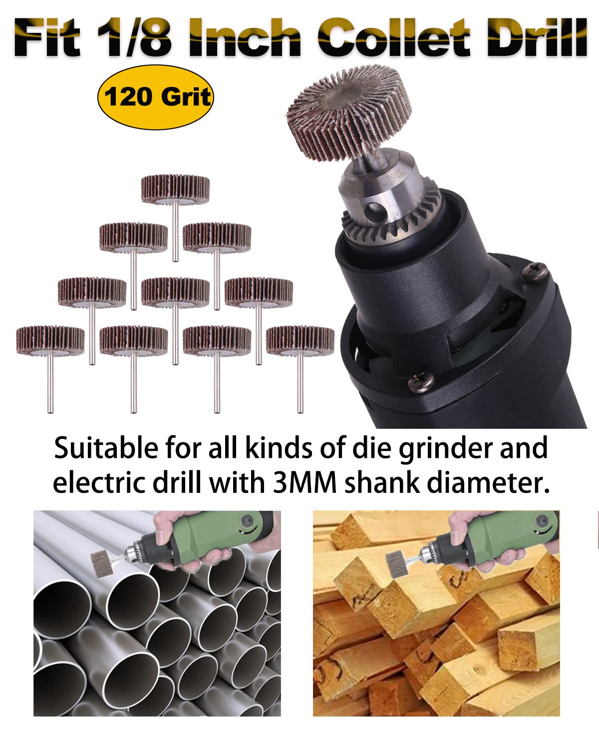 Rocaris 10 Pack Flap Wheel, 120 Grit for Rotary Tools,1/8 inch Shank (32X10X3)