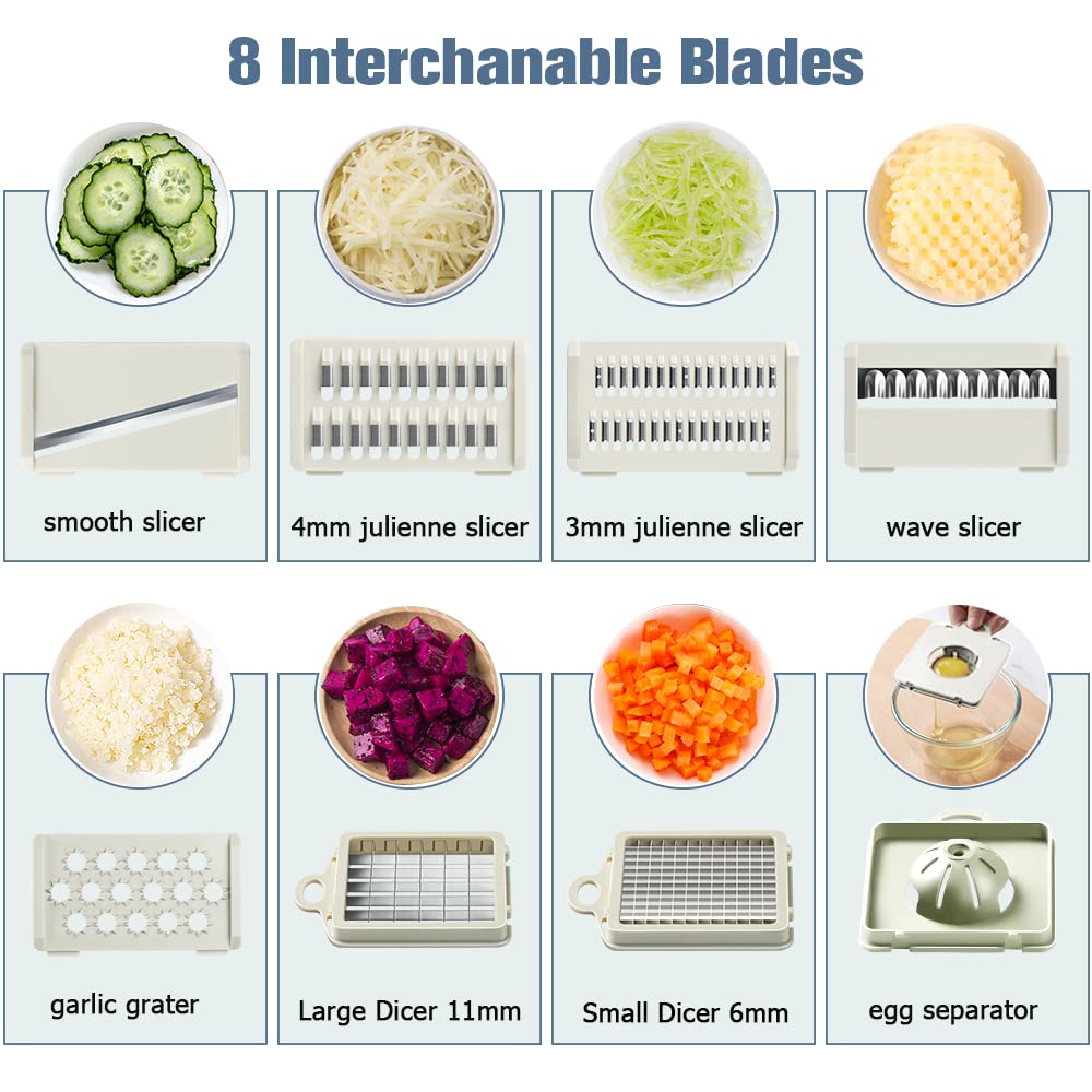 OuYteu Vegetable Chopper Dicer Onion Chopper, 15 in 1 Food Chopper Fruits Cutter with 7 Stainless Steel Blades, Adjustable Slicer, Vegetable Cutter with Drain Rack Storage Container, Kitchen Gadget