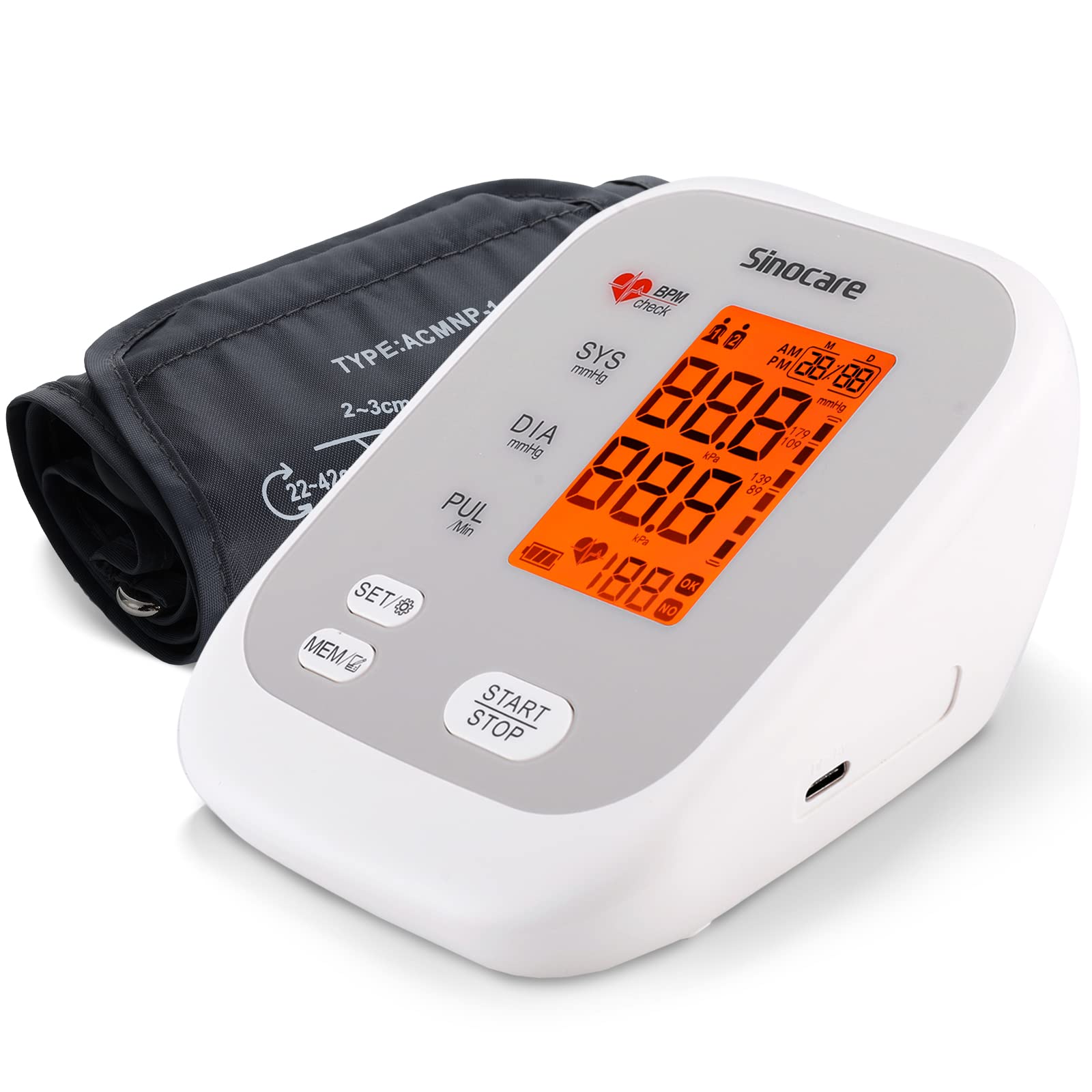 Sinocare Blood Pressure Machine,Upper Arm Blood Pressure Monitor,Automatic Digital BP Machine for Home,Adjustable Cuff and Large Display,Irregular Heartbeat Detector with Batteries