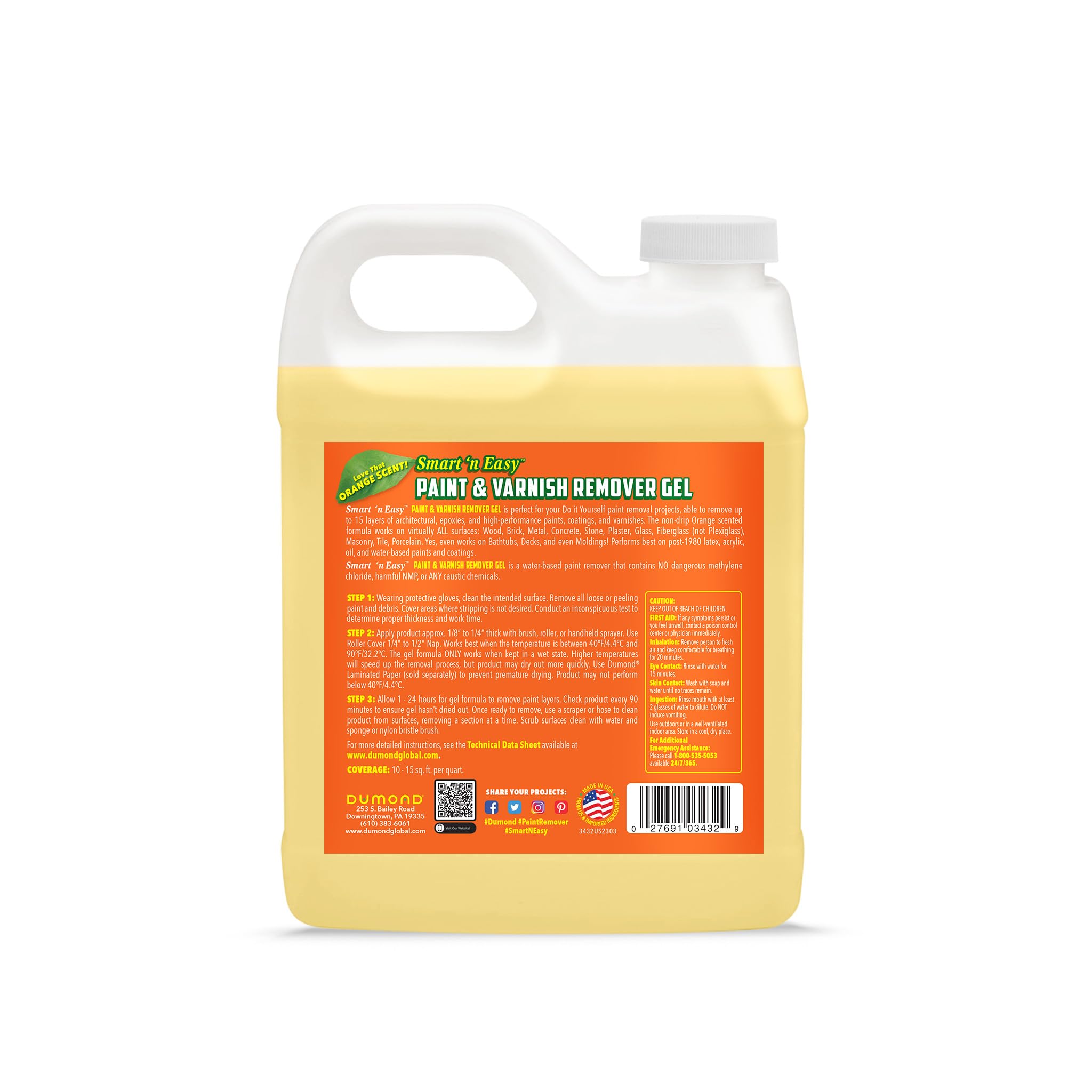 Smart 'n Easy Paint & Varnish Remover Gel - Do It Yourself Friendly Paint Remover - Strips Multiple Layers of Acrylic, Latex, Oil, & Water-Based Paints & Varnishes - Orange Citrus Scent - 32oz.