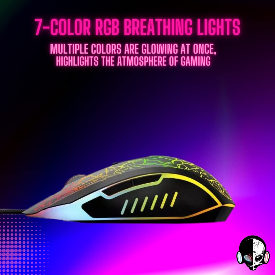 Wired Gaming Mouse Ergonomic Gamer Laptop PC Mouse with 6 Programmable Buttons and 7 Color RGB Lights for Windows 7/8/10/XP Vista Linux -Black