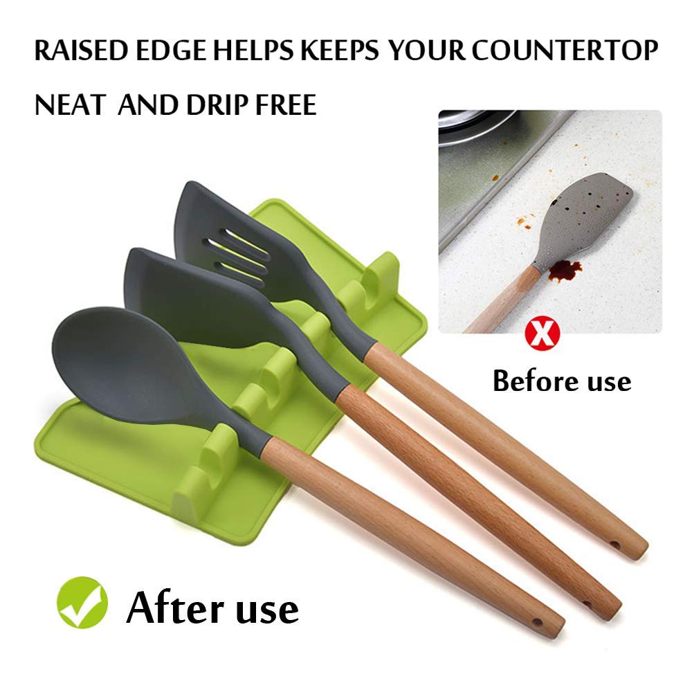 Silicone Utensil Rest with Drip Pad and Silicone Double Finger Grips, Heat-Resistant 410β, BPA-Free Spoon Rest & Spoon Holder for Stove Top, Spoon, Ladle, Spatula (Green)
