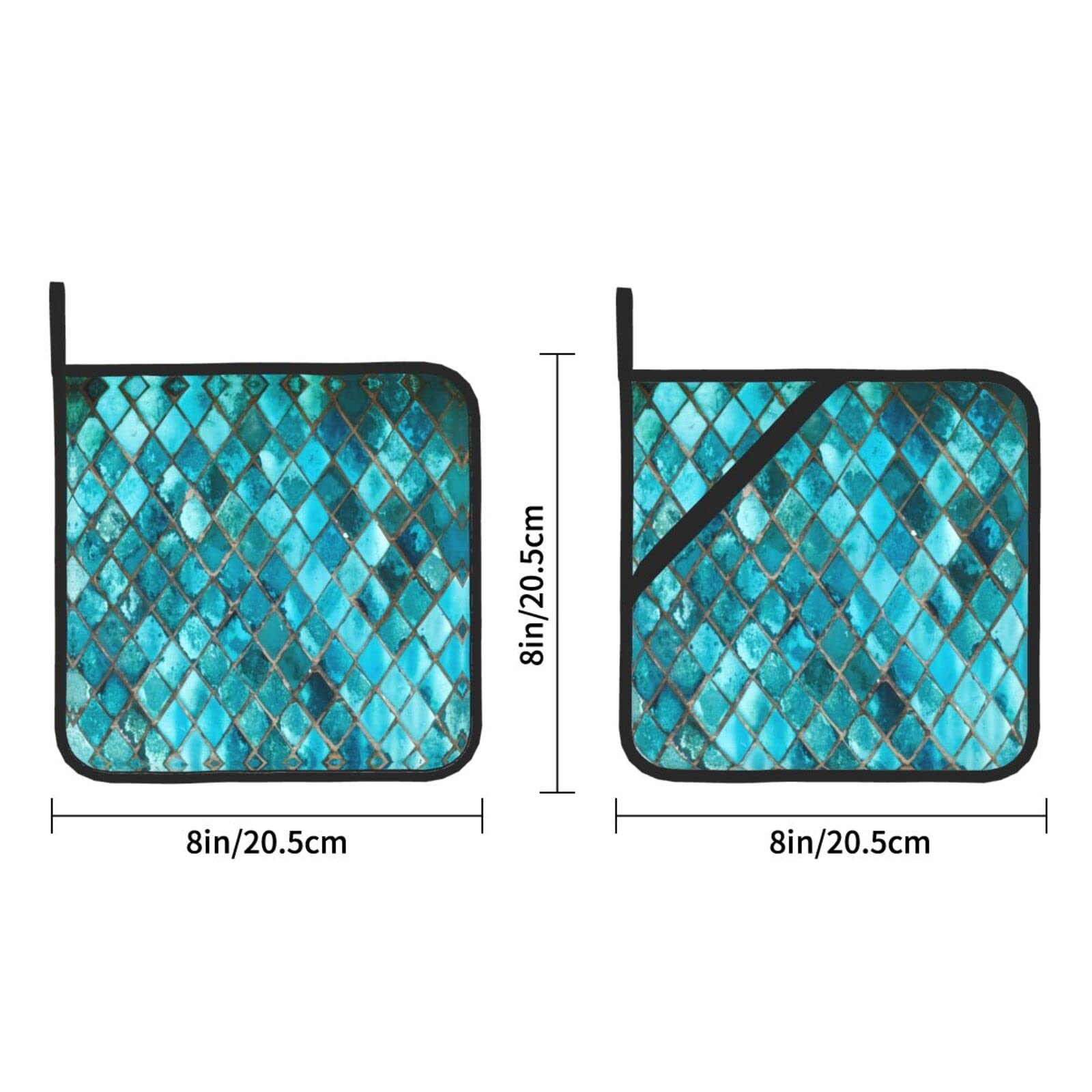 Turquoise Blue Mermaid Scales Pot Holders Set of 2 with Loop Heat Resistant Hot Pads for Cooking Baking Grilling